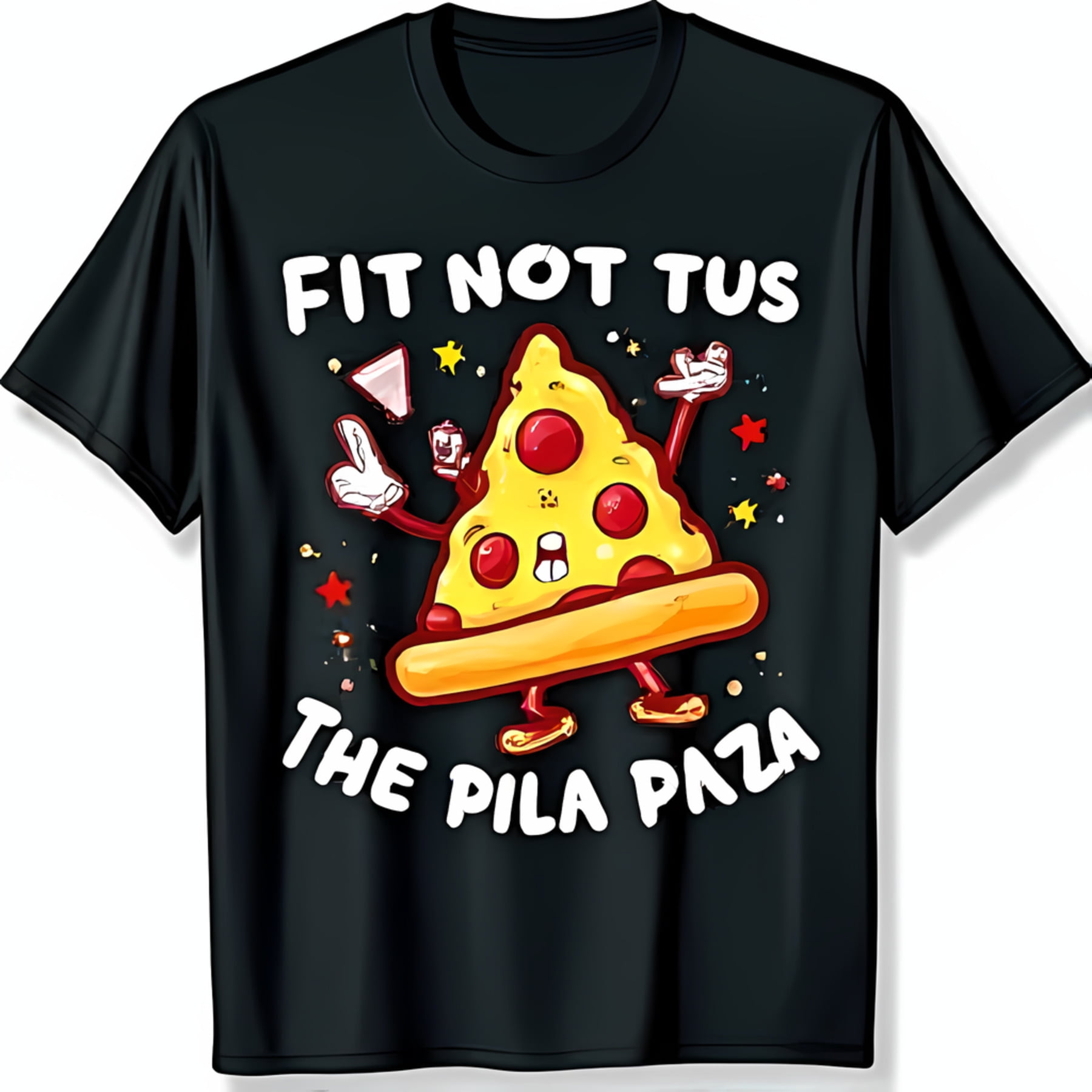 Funny Black T-Shirt with Dancing Pizza Graphic & 'Fit Not Tus The Pila ...