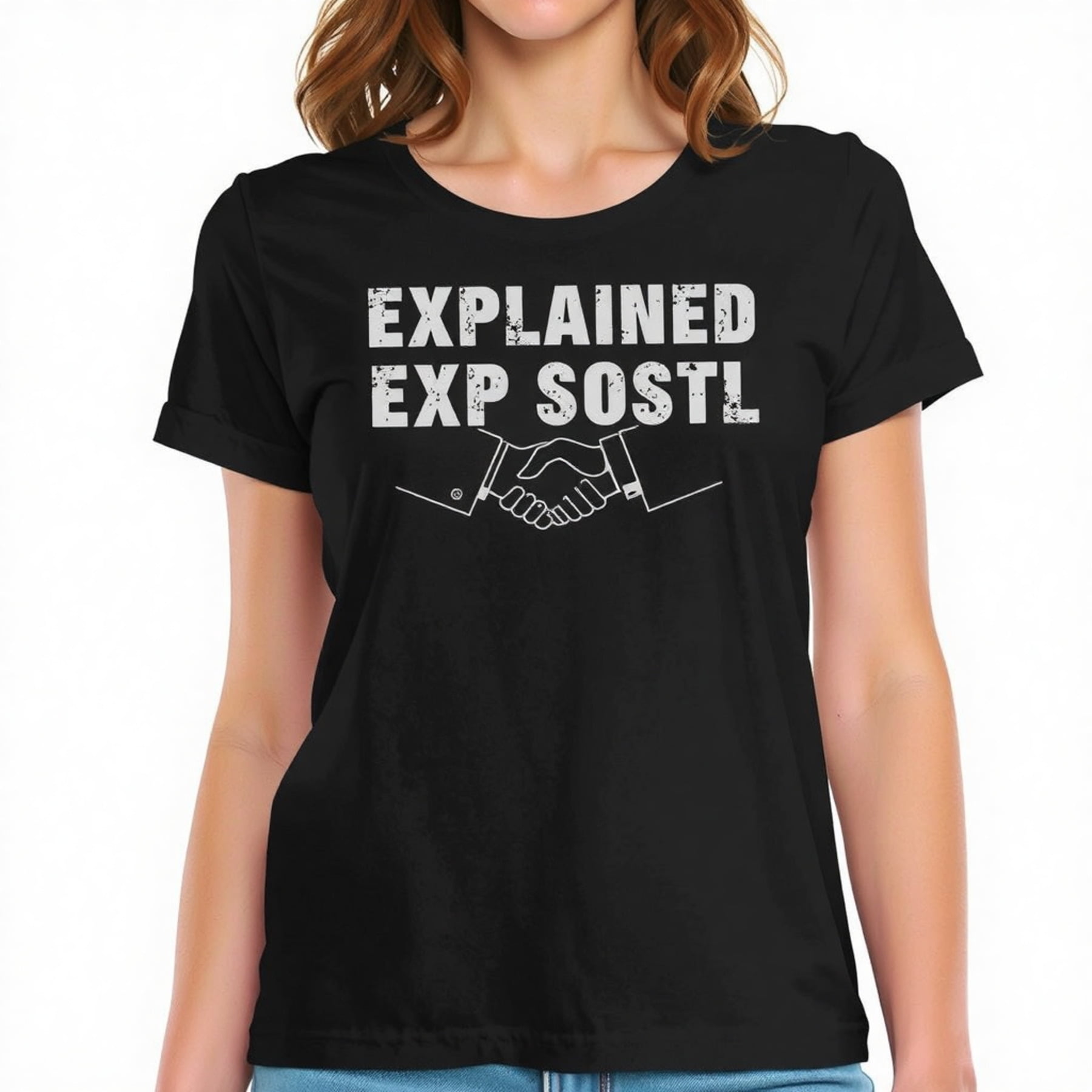 Funny Black T-Shirt with Graphic: 'EXPLAINED EXP SOSTL' & Handshake ...