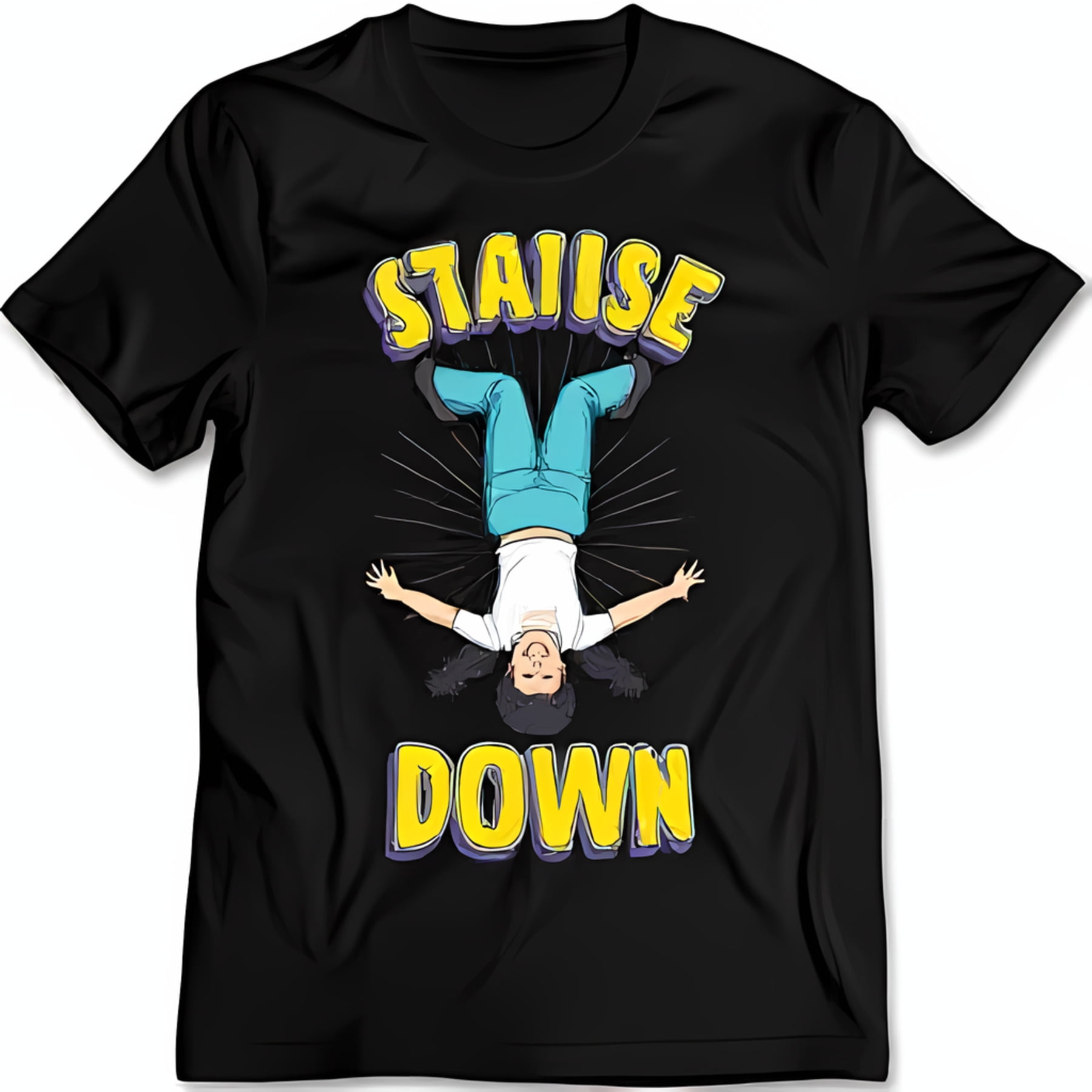 Funny Black T-Shirt with Upside Down Girl Graphic Comic Style Stairs ...