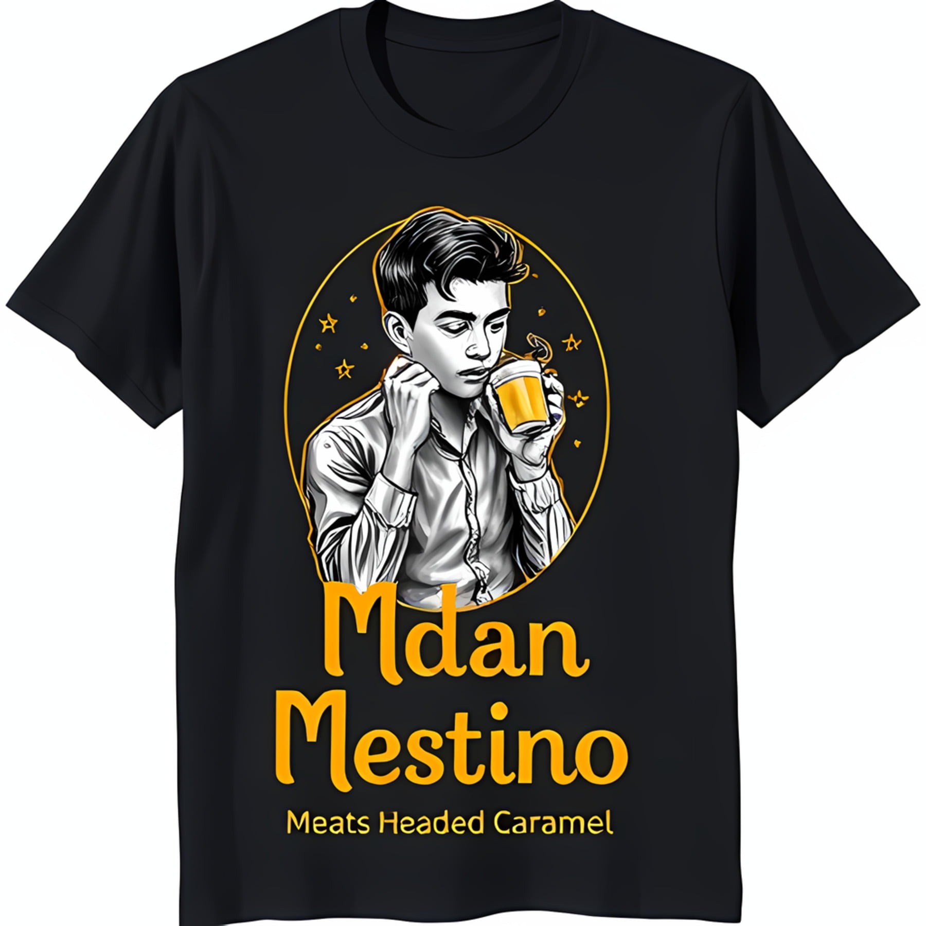 Funny Black T-Shirt with Whimsical Coffee Graphic & 'Mdan Mestino ...