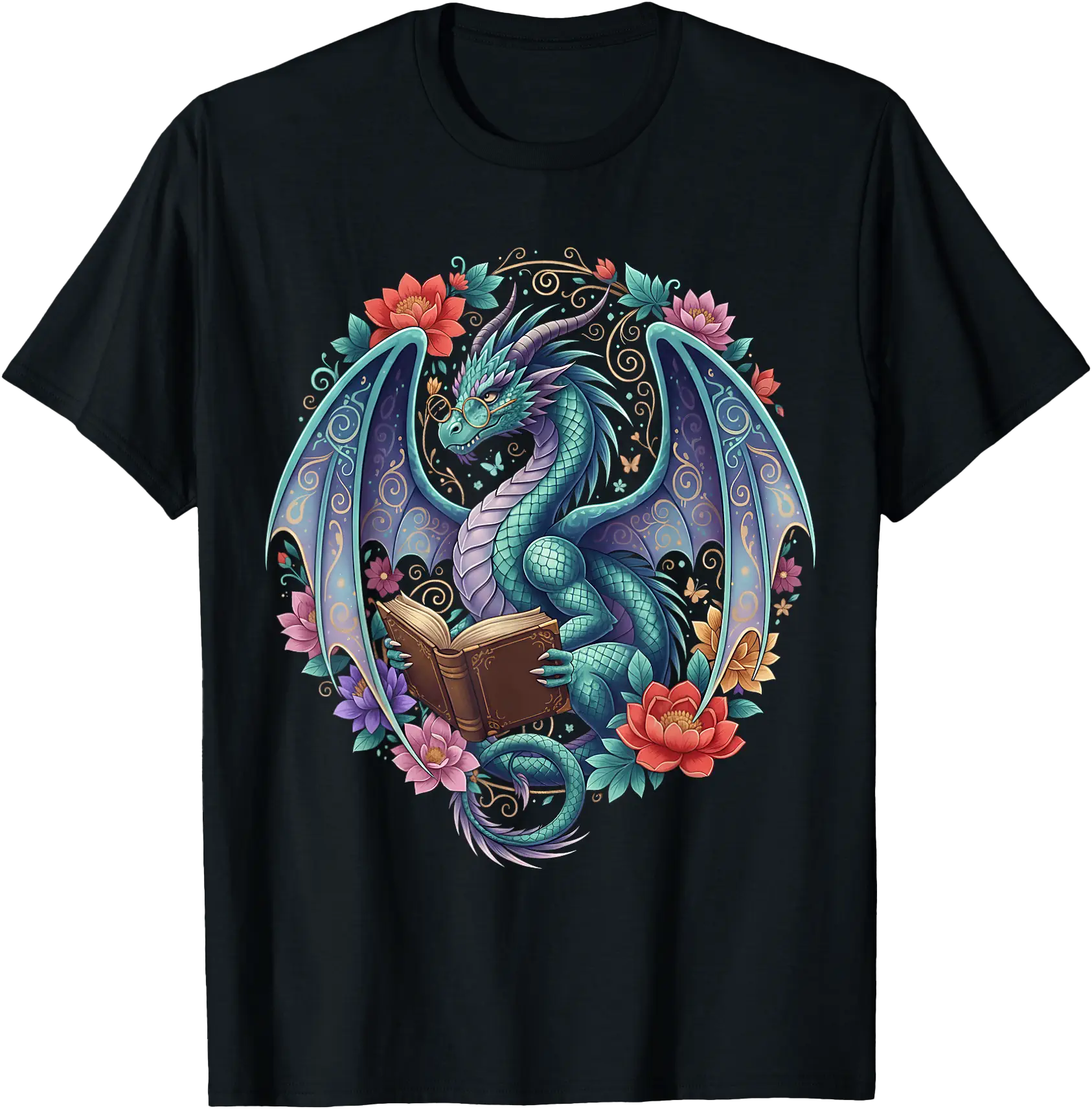 Funny Blue-Green Dragon Reading Book Lover T-Shirt with Floral Wreath ...