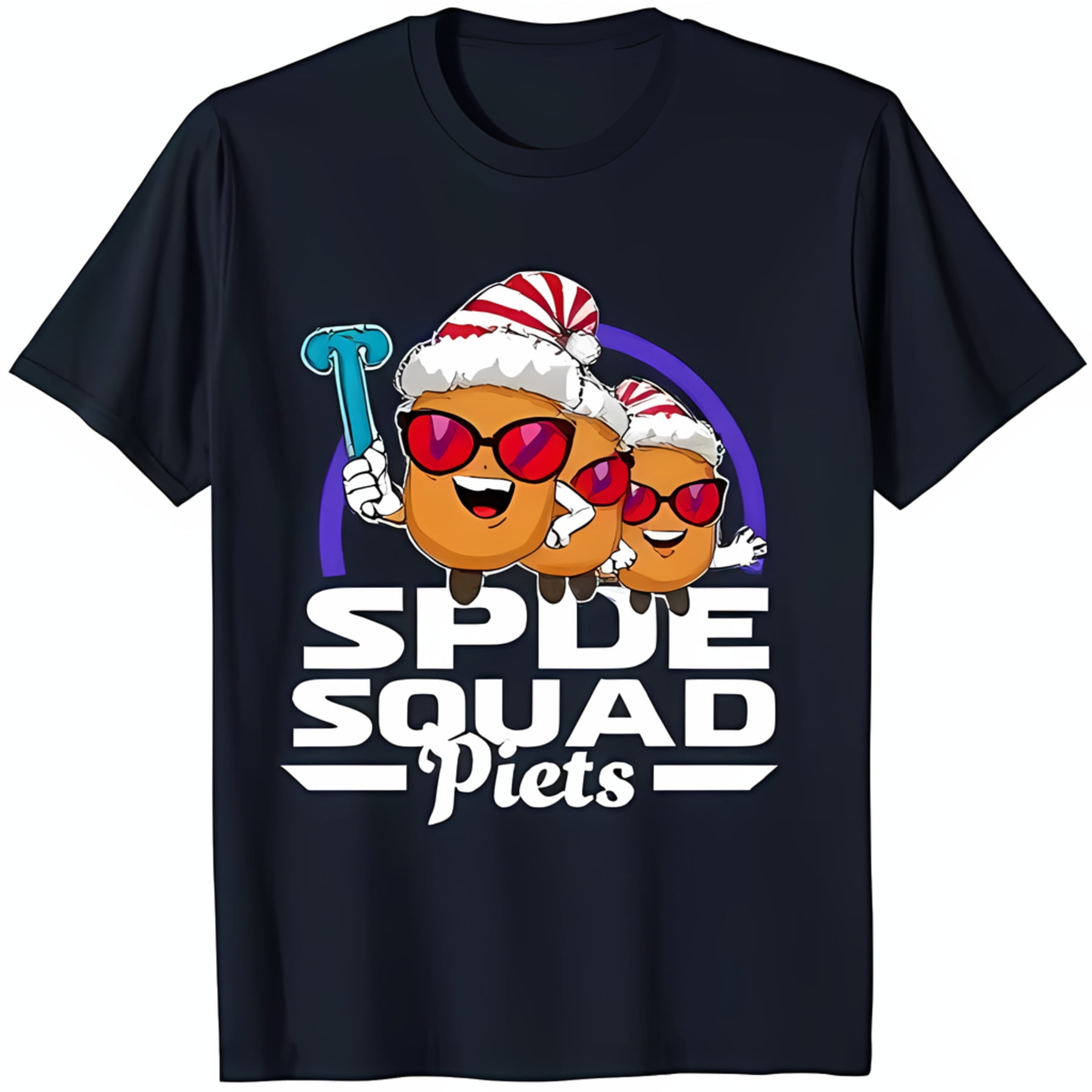 Funny Blue T-Shirt with Cartoon Santa Hat Figures & 'SPDE SQUAD Piets ...