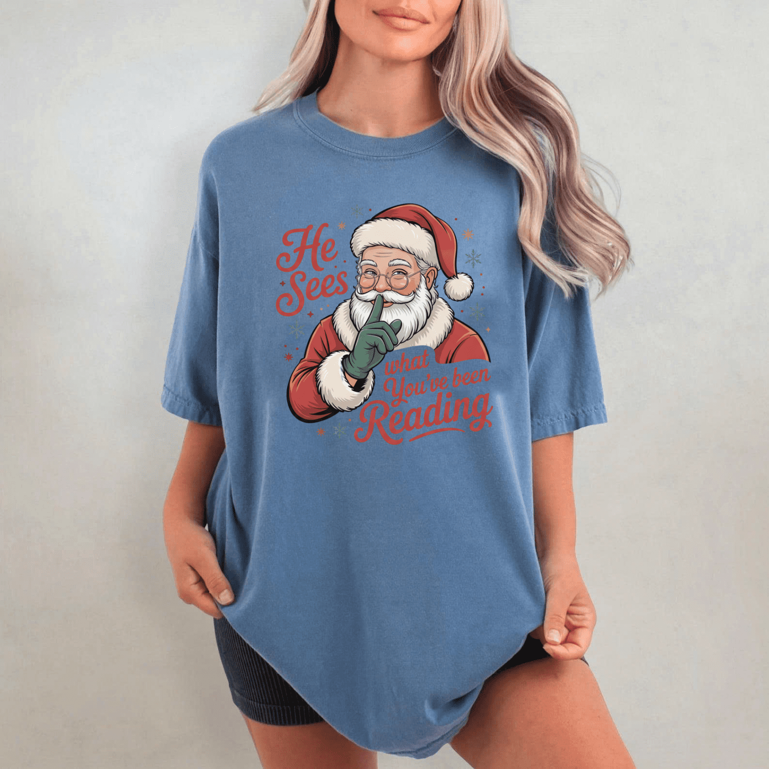 Funny Bookish Christmas Santa Comfort Color Shirt, He Sees What You've ...