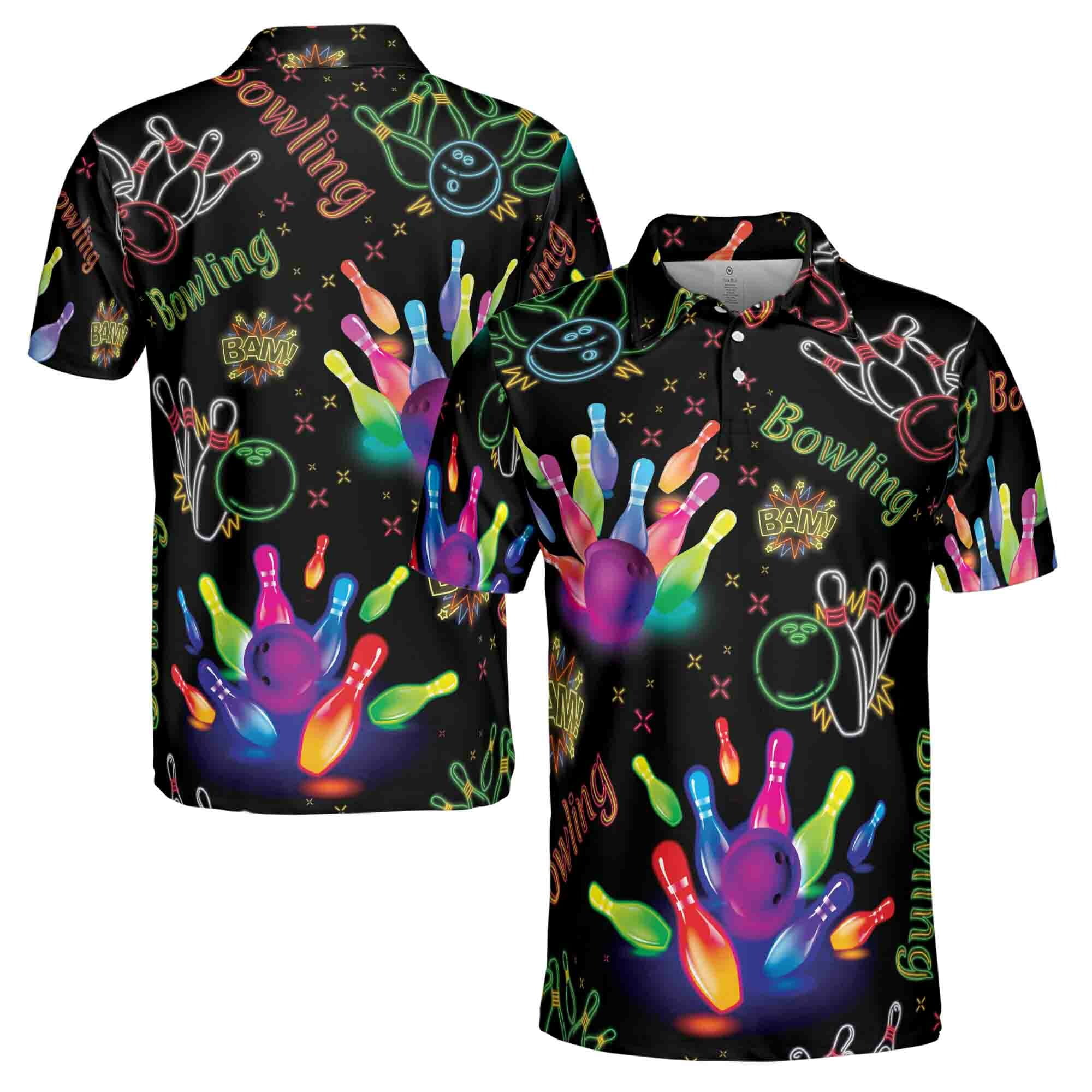 Funny Bowling Ball Colorful Neon Bowling Pins Men's Polo Shirt S-5XL ...