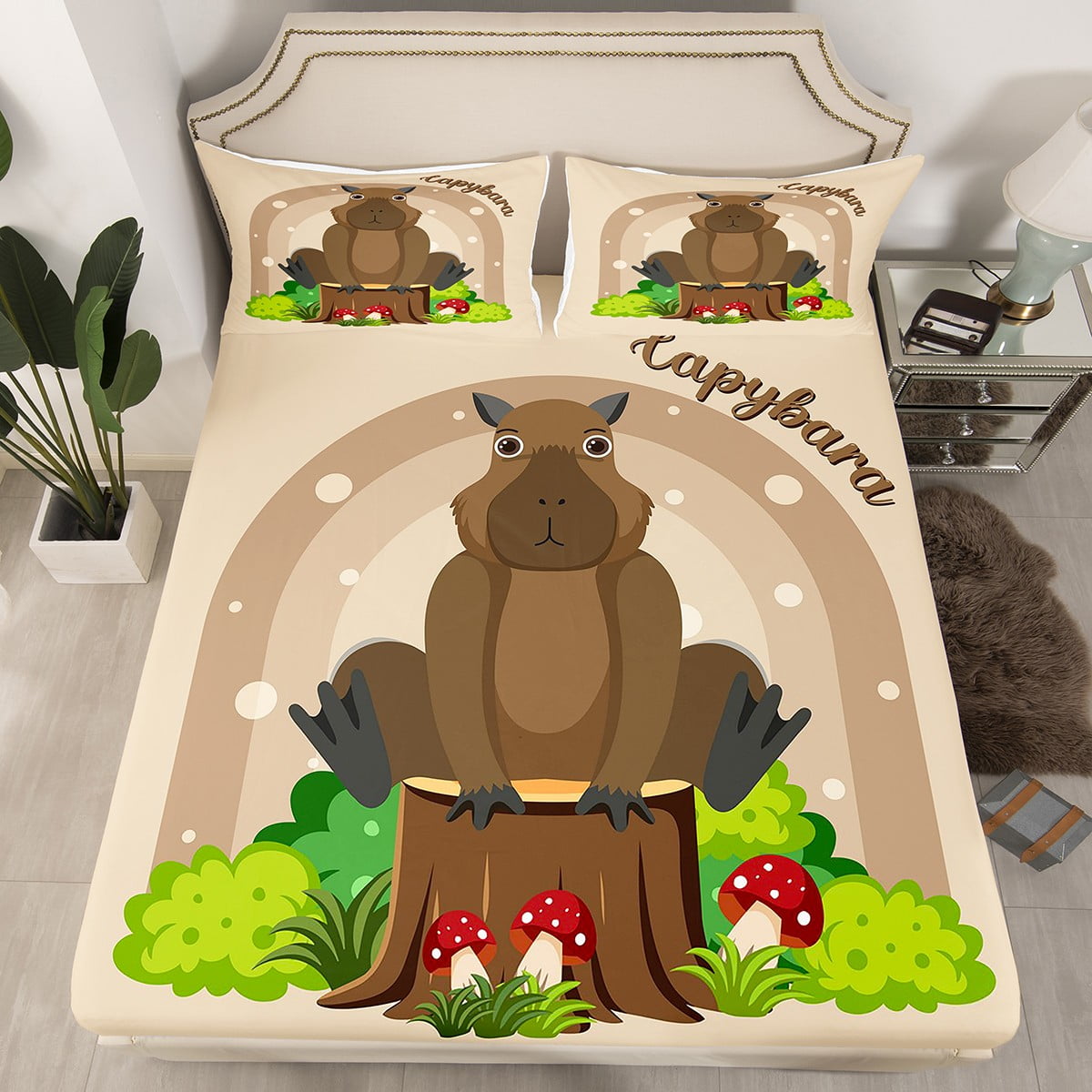 Funny Brown Capybara Fitted Sheet Queen Size, Cartoon Zoo Pet Animal ...