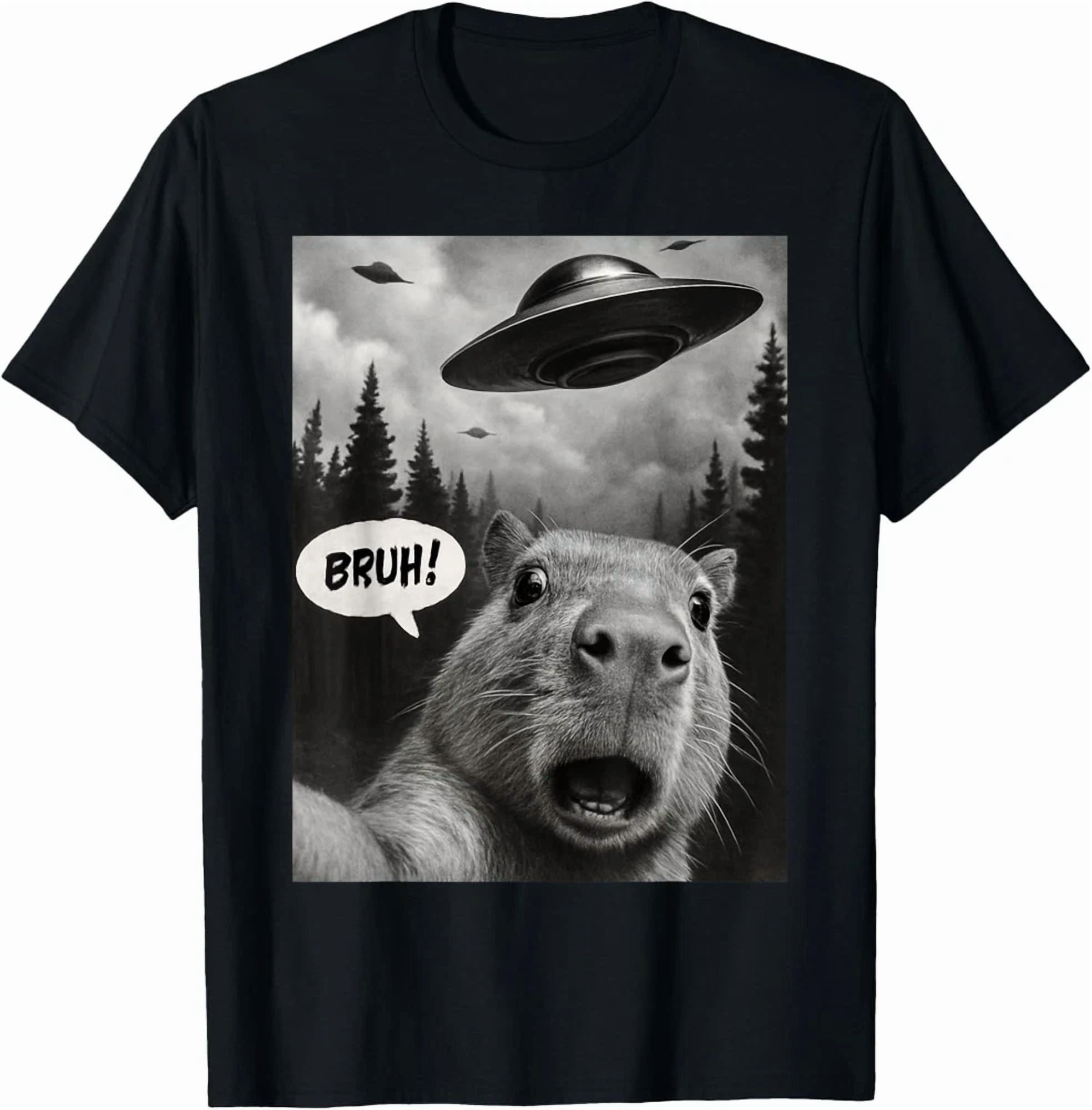 Funny Bruh Capybara Capy Selfie with UFOs Weird Humor Graphic Unisex T ...