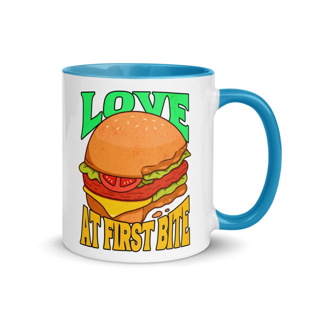 Funny Burger Lover Mug with Color Inside, Love At First Bite (Blue, 11 ...