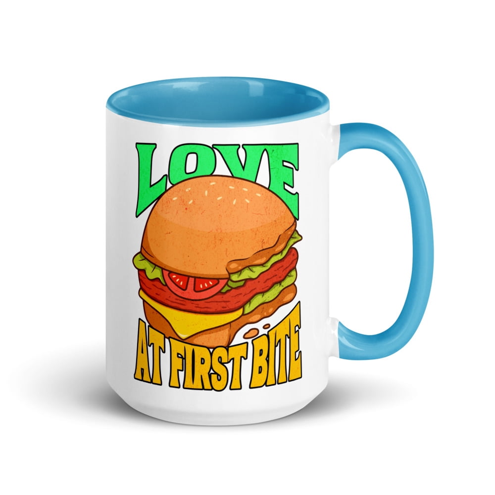 Funny Burger Lover Mug with Color Inside, Love At First Bite (Blue, 15 ...