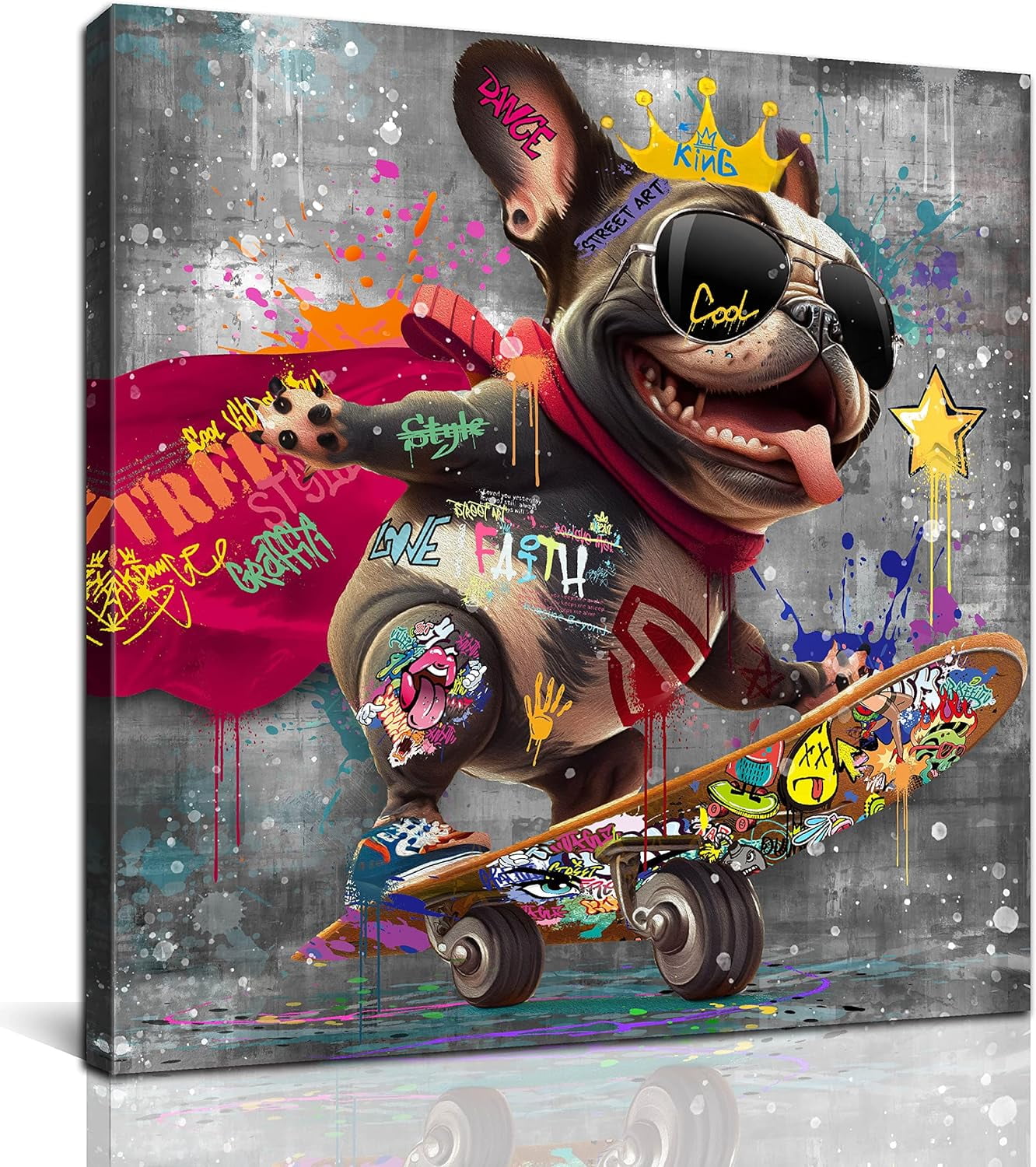 Funny Canvas Wall Art Funky Dog Play Skateboard Graffiti Picture Cool ...