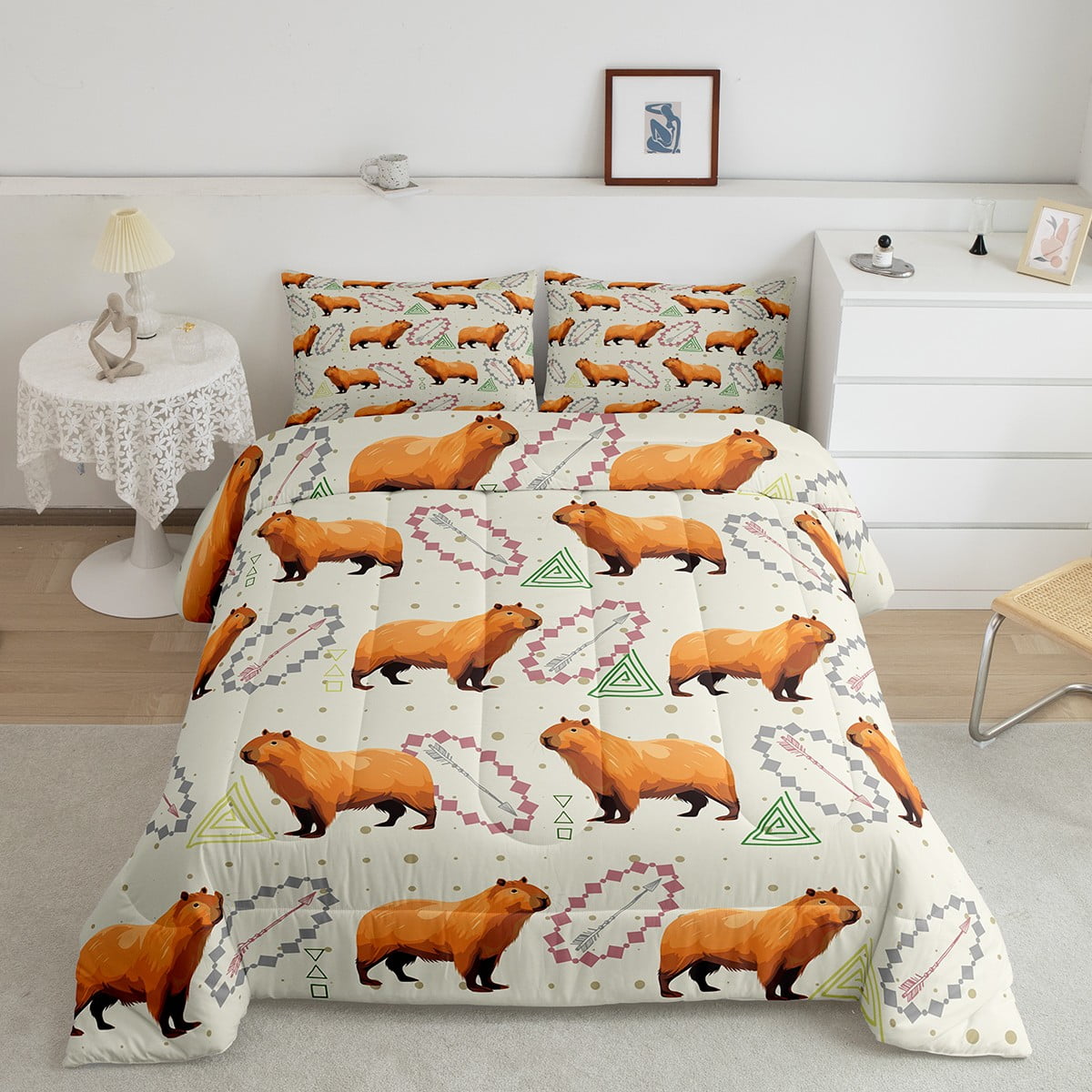 Funny Capybara Bed Comforter Set Cute Rodent Animal Bedding Geometry ...