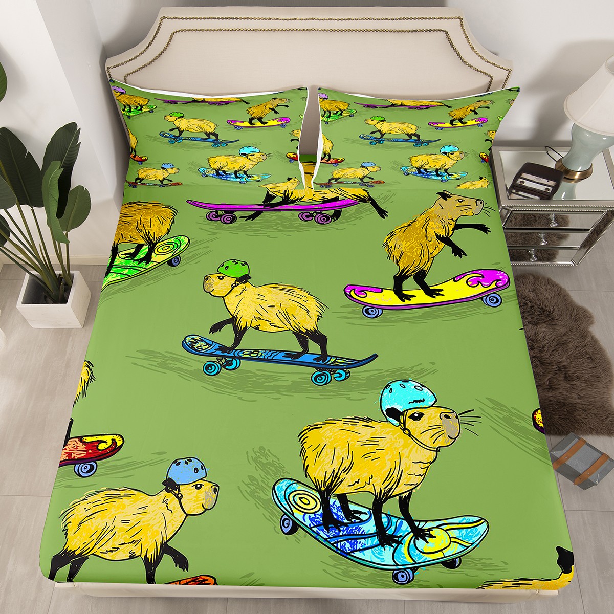 Funny Capybara Fitted Sheet Queen Size, Cute Capybara Skatboarding ...