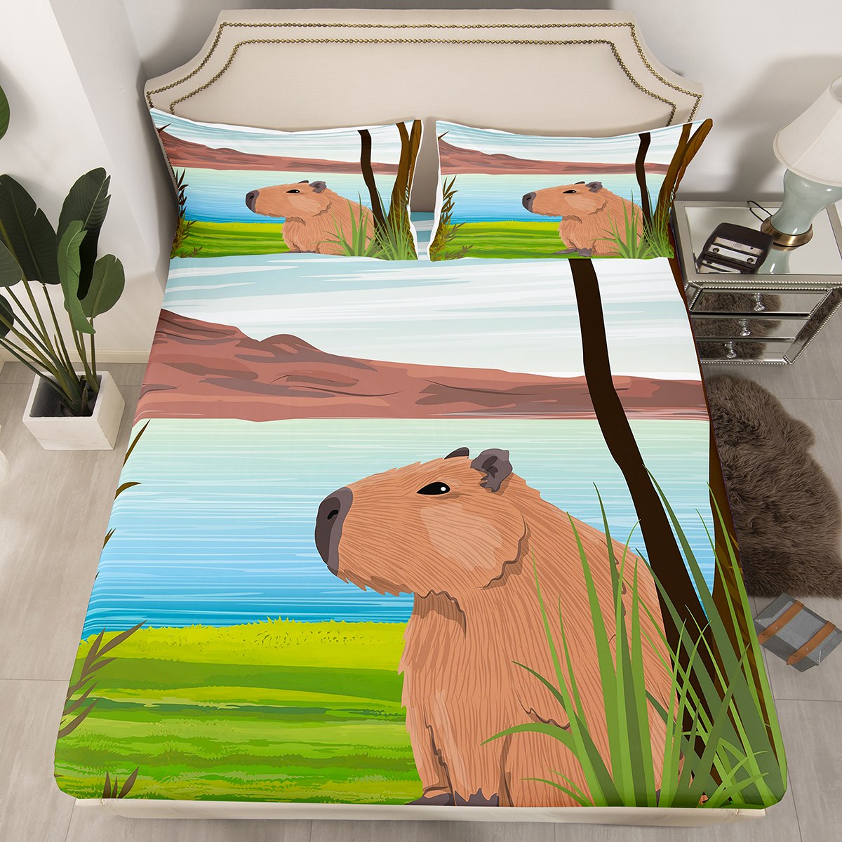 Funny Capybara Fitted Sheet Twin, Cute Rodent Animal Bed Set Cartoon ...