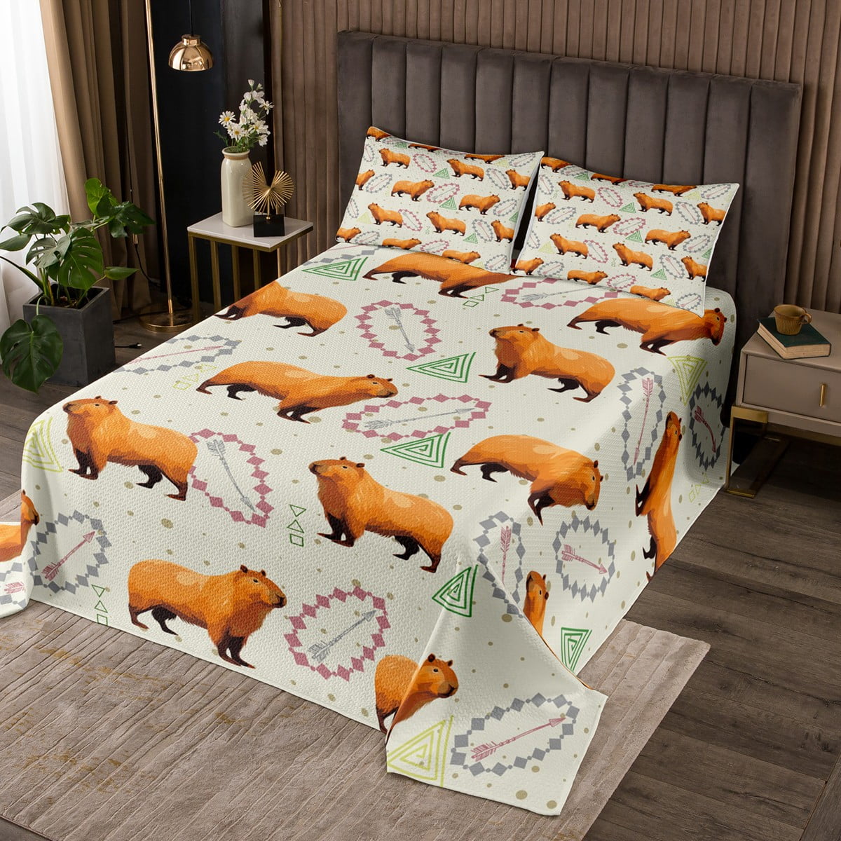 Funny Capybara Quilt Set Cute Rodent Animal Coverlet Set Geometry ...