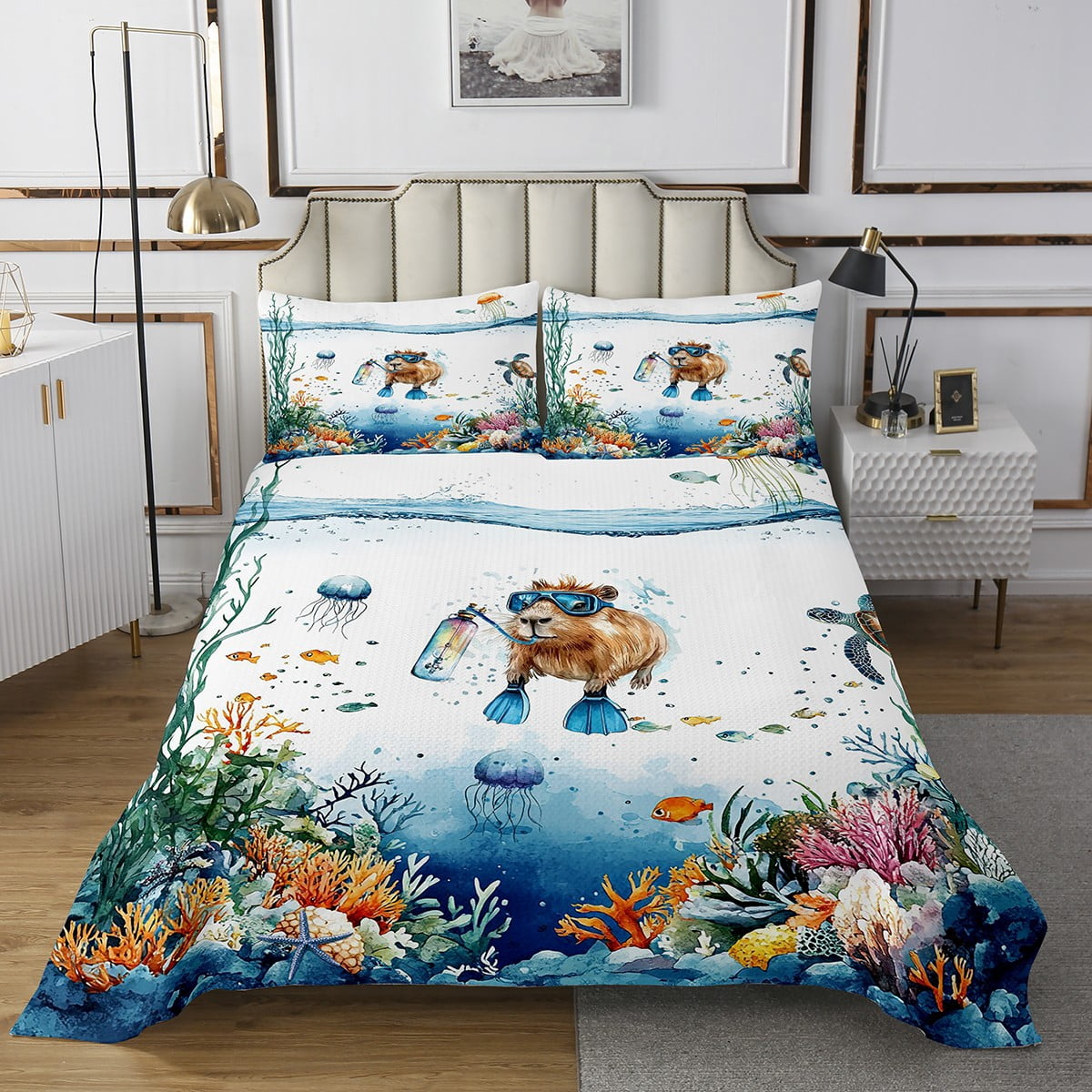 Funny Capybara Quilt Set Sea Turtle Jellyfish Coastal Twin Bedspread ...
