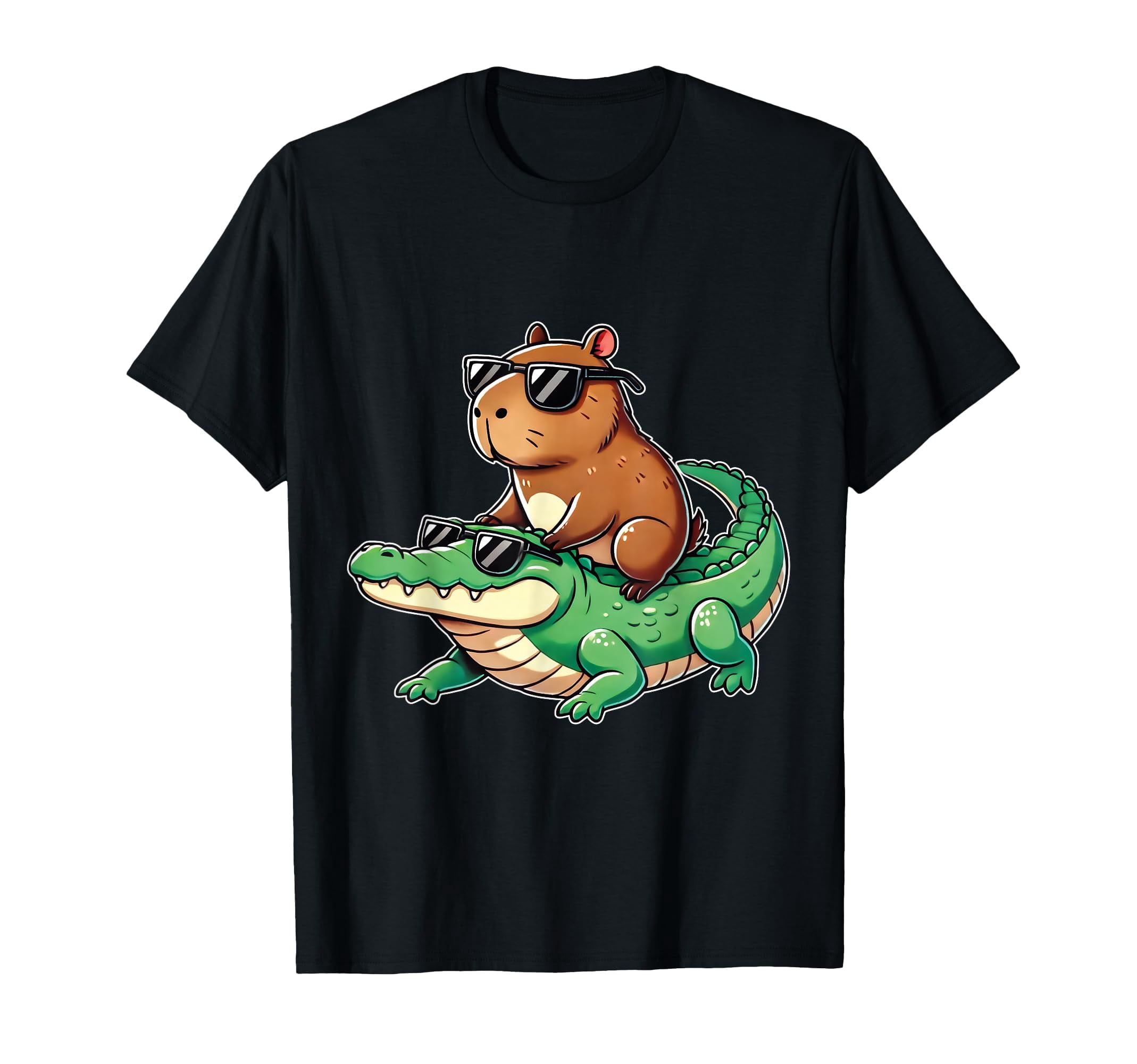 Funny Capybara Riding Crocodile Cartoon T-Shirt for Animal Lovers and ...
