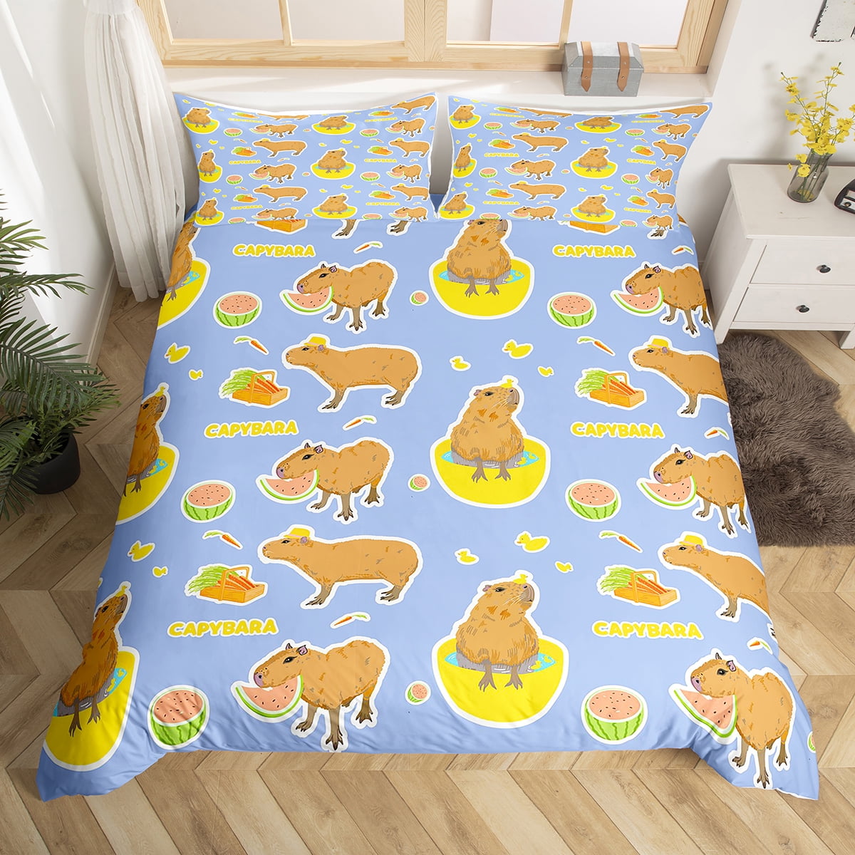 Funny Capybara Sticker Bedding Set Cute Brown Capybara Duvet Cover ...