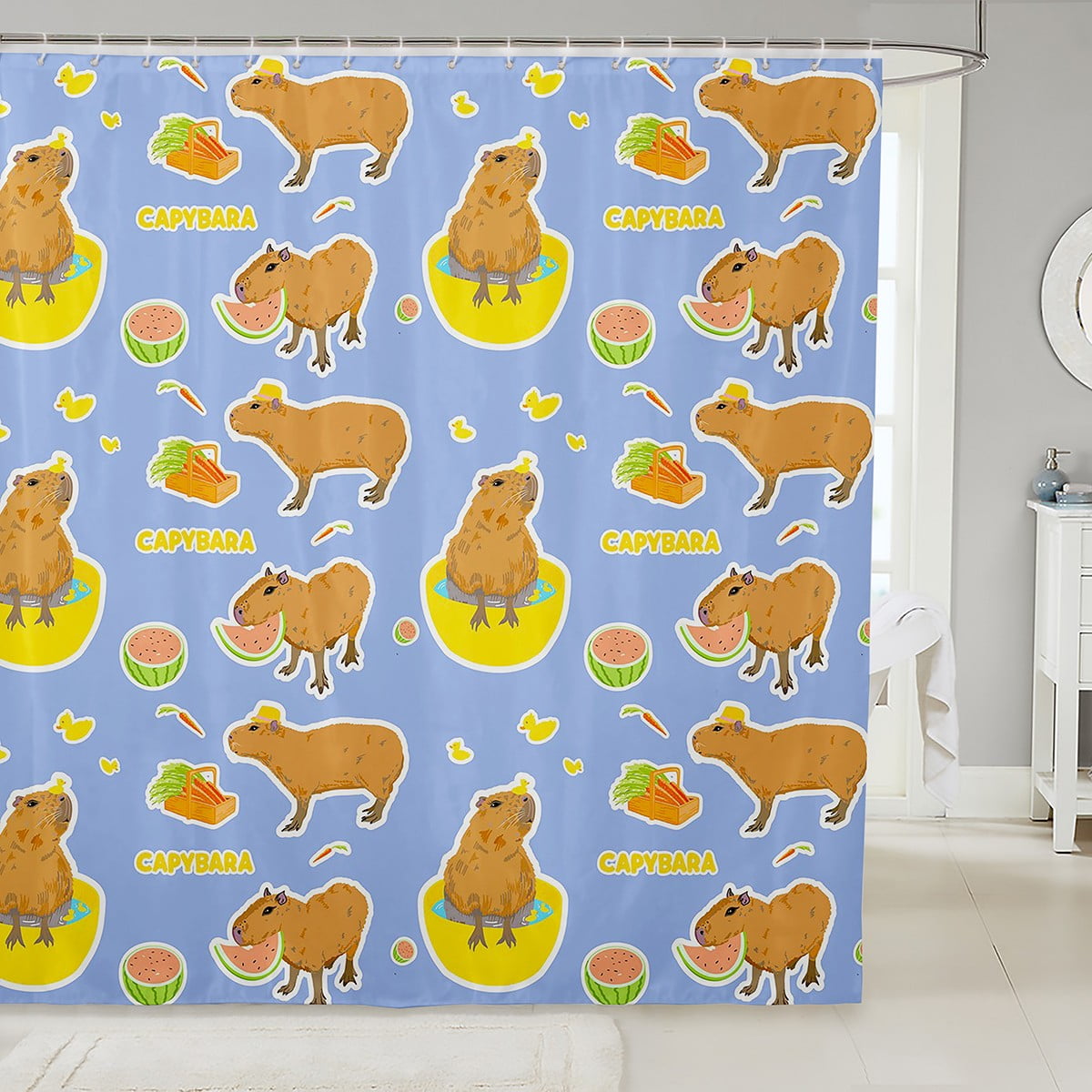 Funny Capybara Sticker Fabric Shower Curtain Cute Brown Capybara ...