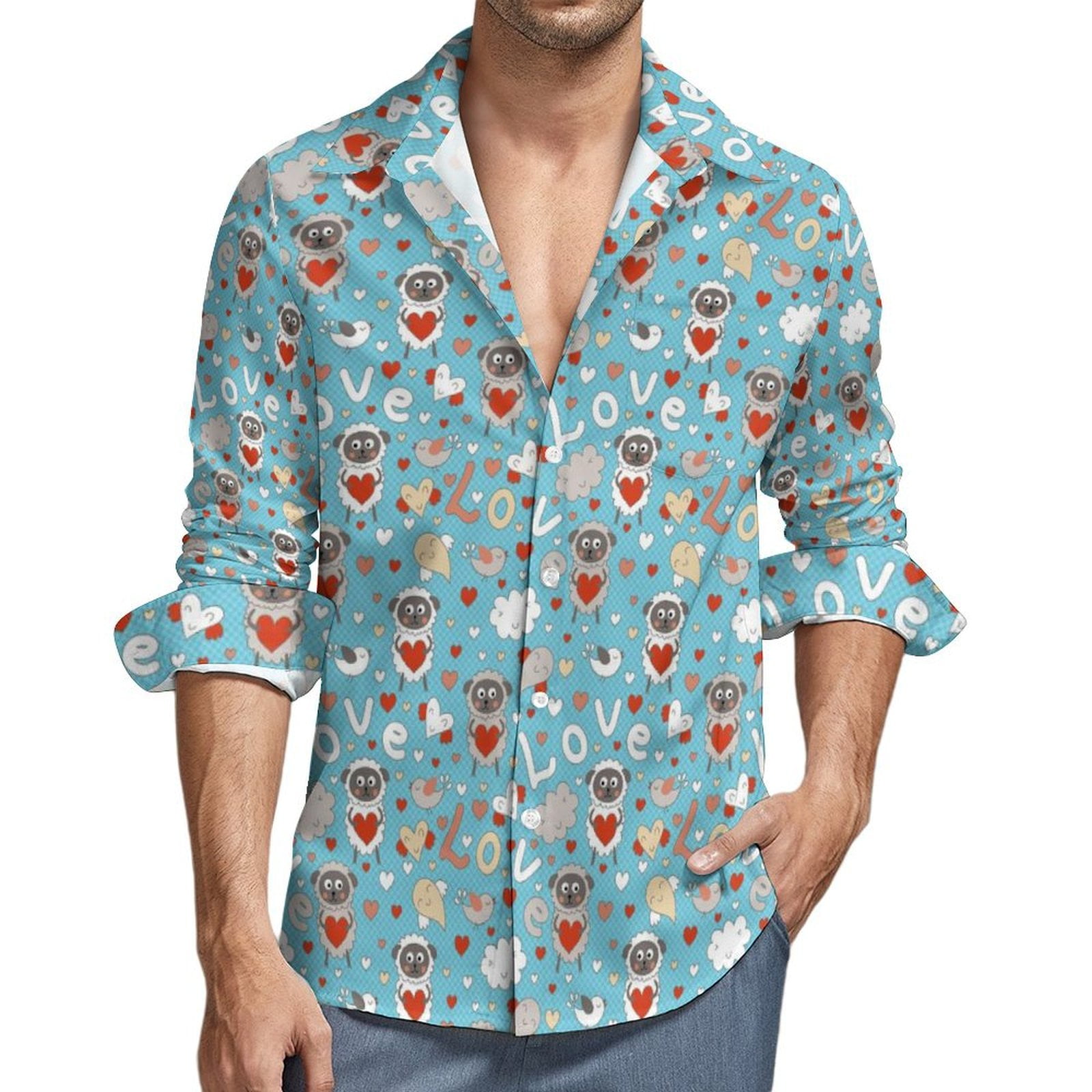 Funny Cartoon Animals Mens Long Sleeve Button Down Shirts, Casual Men's ...