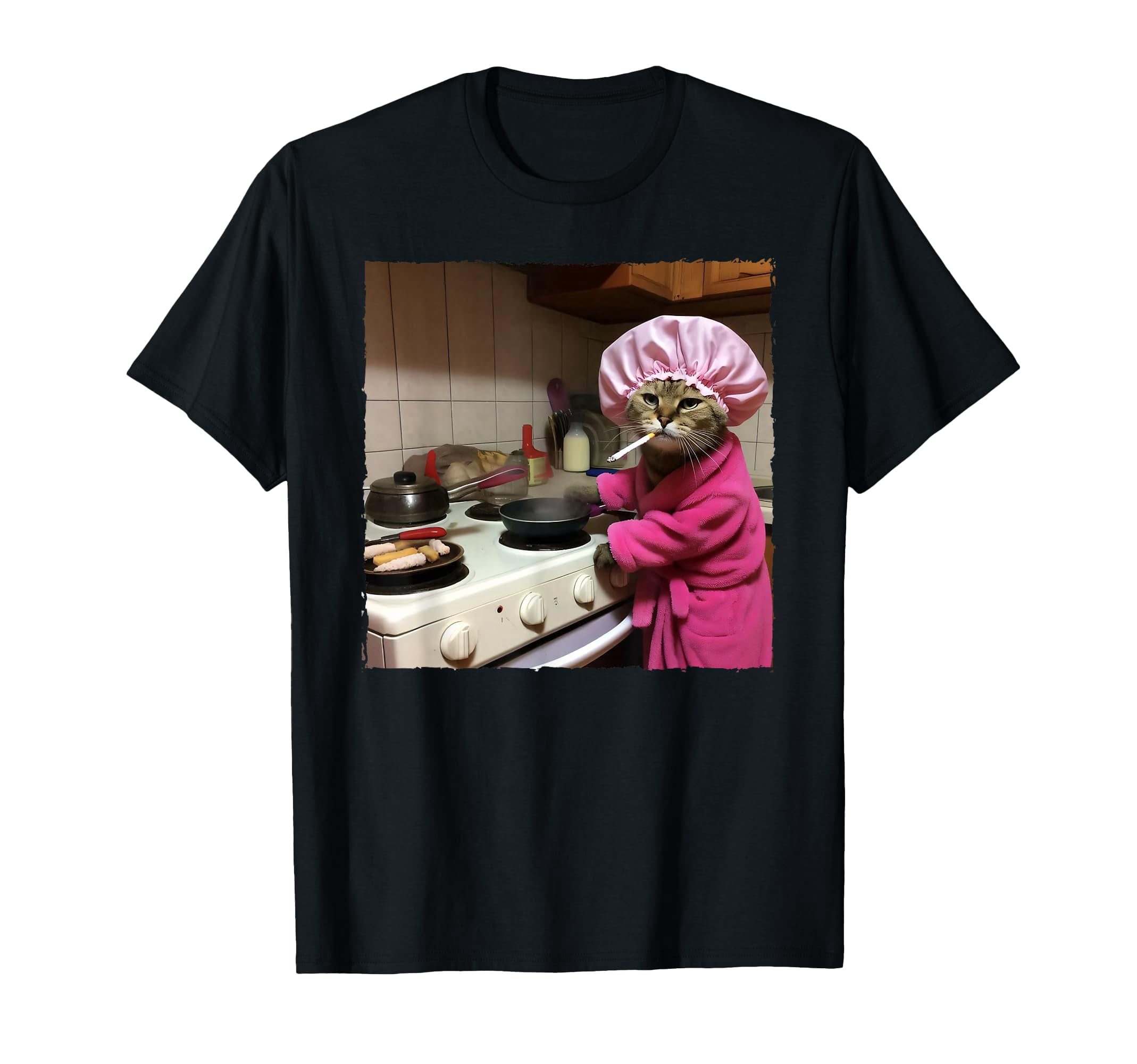 Funny Cartoon Cat Cooking T-Shirt for Housewife Humor and Ironic Meme ...