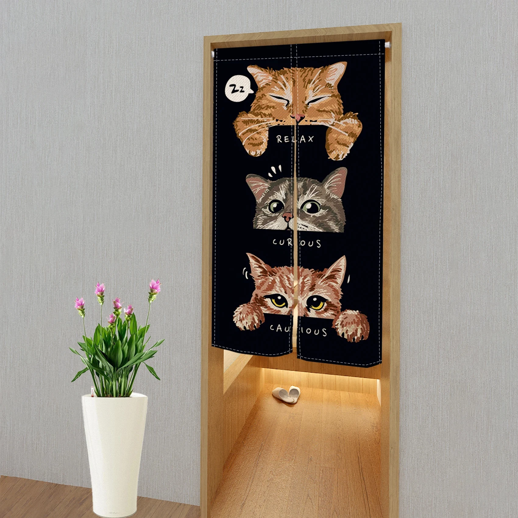 Funny Cartoon Cat Cute Art Printing Door Curtain Kitchen Porch Half ...