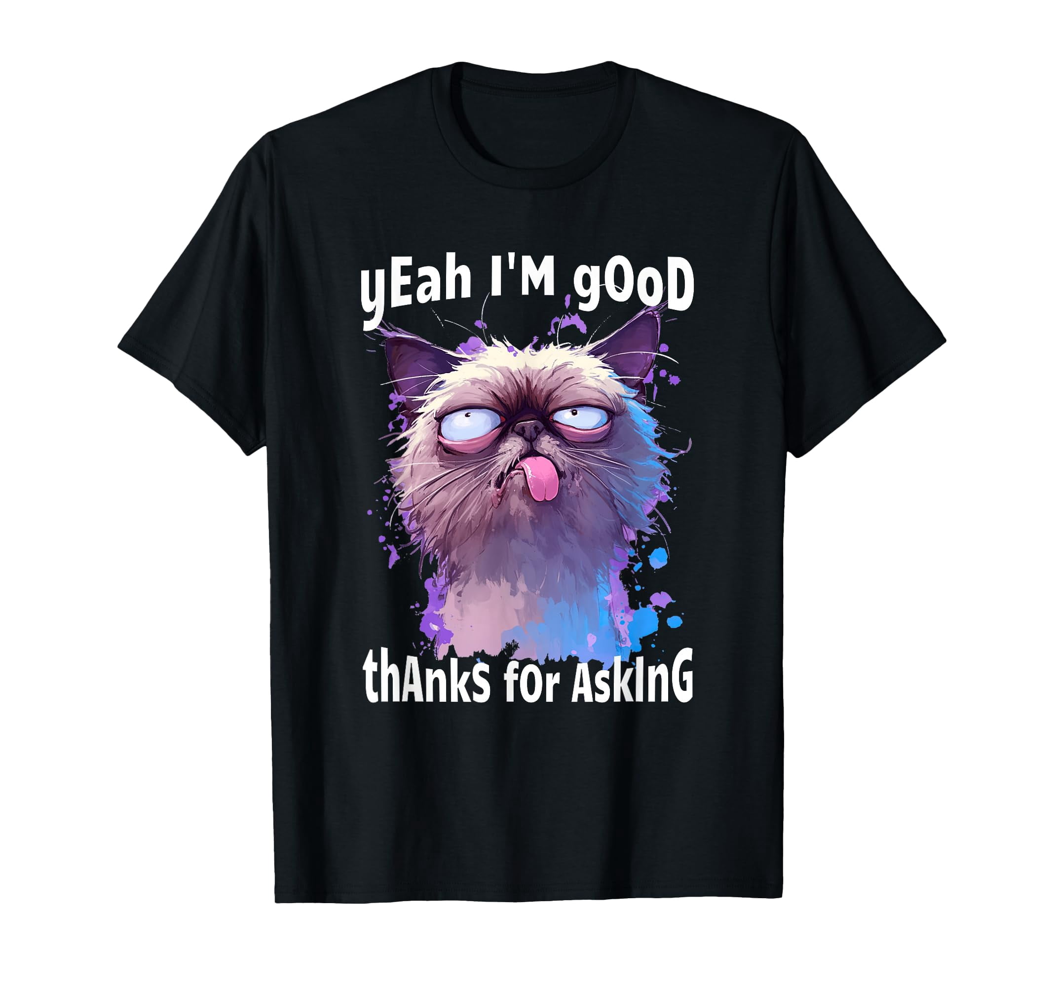 Funny Cartoon Cat Face T-Shirt for Cat Lovers - Stressed Kitty Meme ...