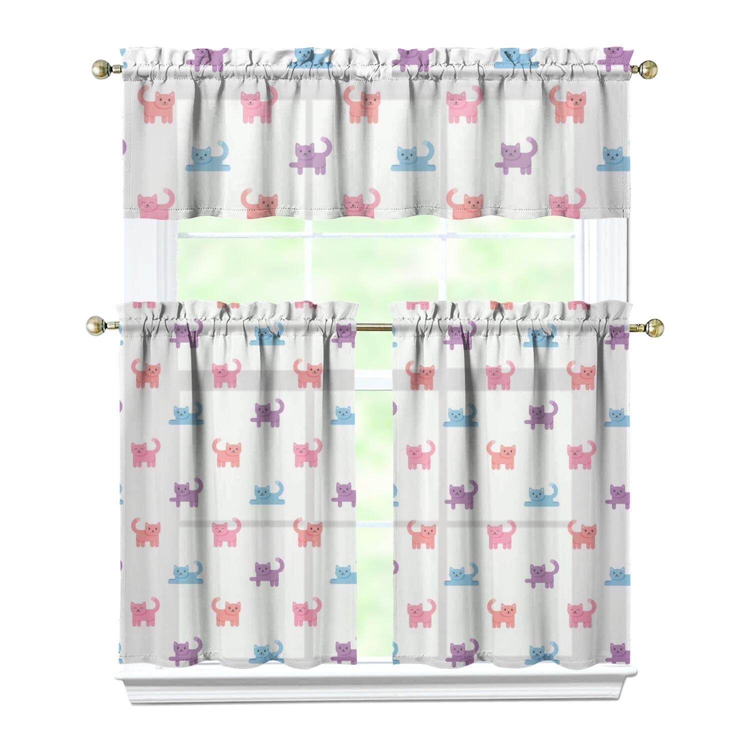 Funny Cartoon Cat Kitchen Curtains - Set of 3 with Cats and Hearts ...
