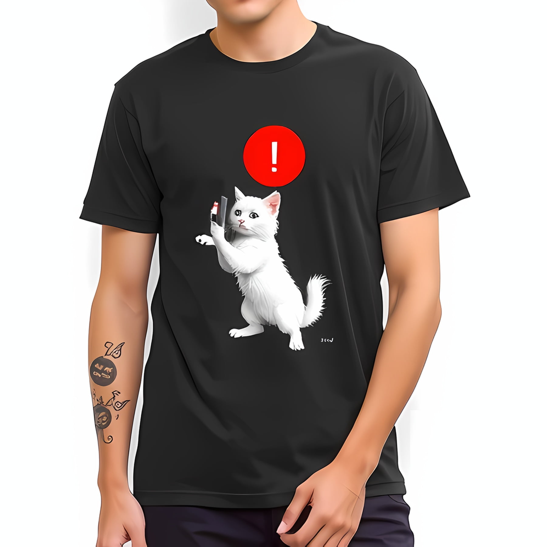 Funny Cartoon Cat T-Shirt Black Tee with Cat Applying Red & Exclamation ...