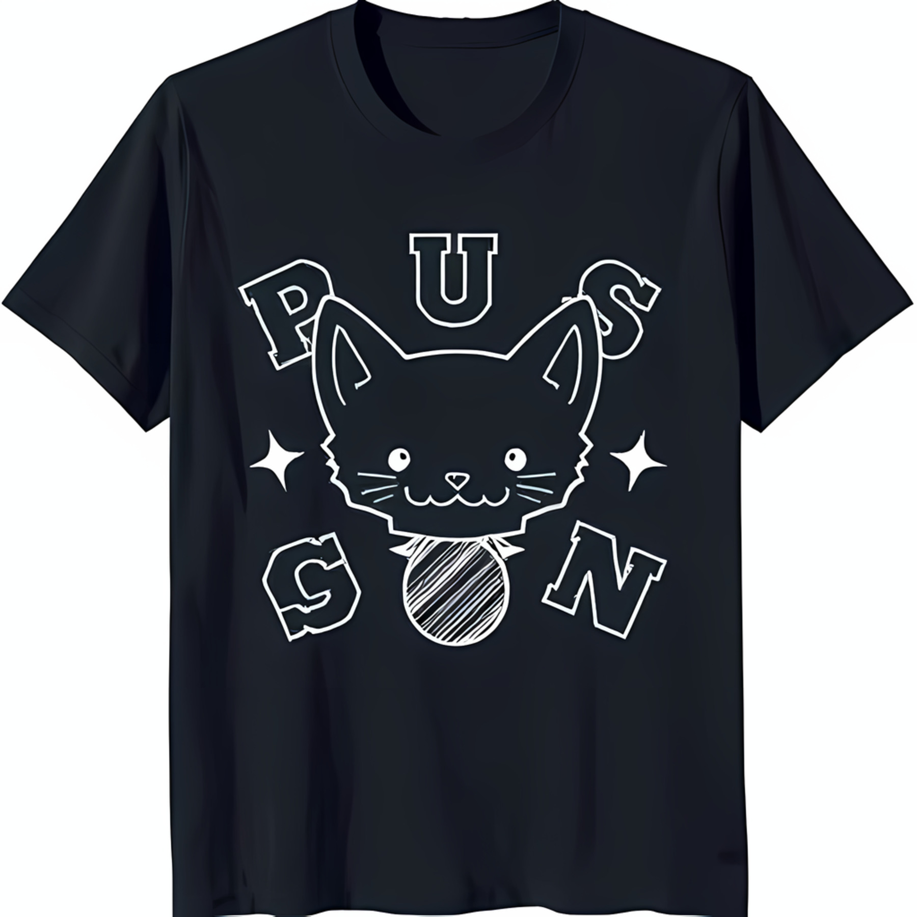 Funny Cartoon Cat T-Shirt Black Tee with 'Pusson' & Ball Design ...