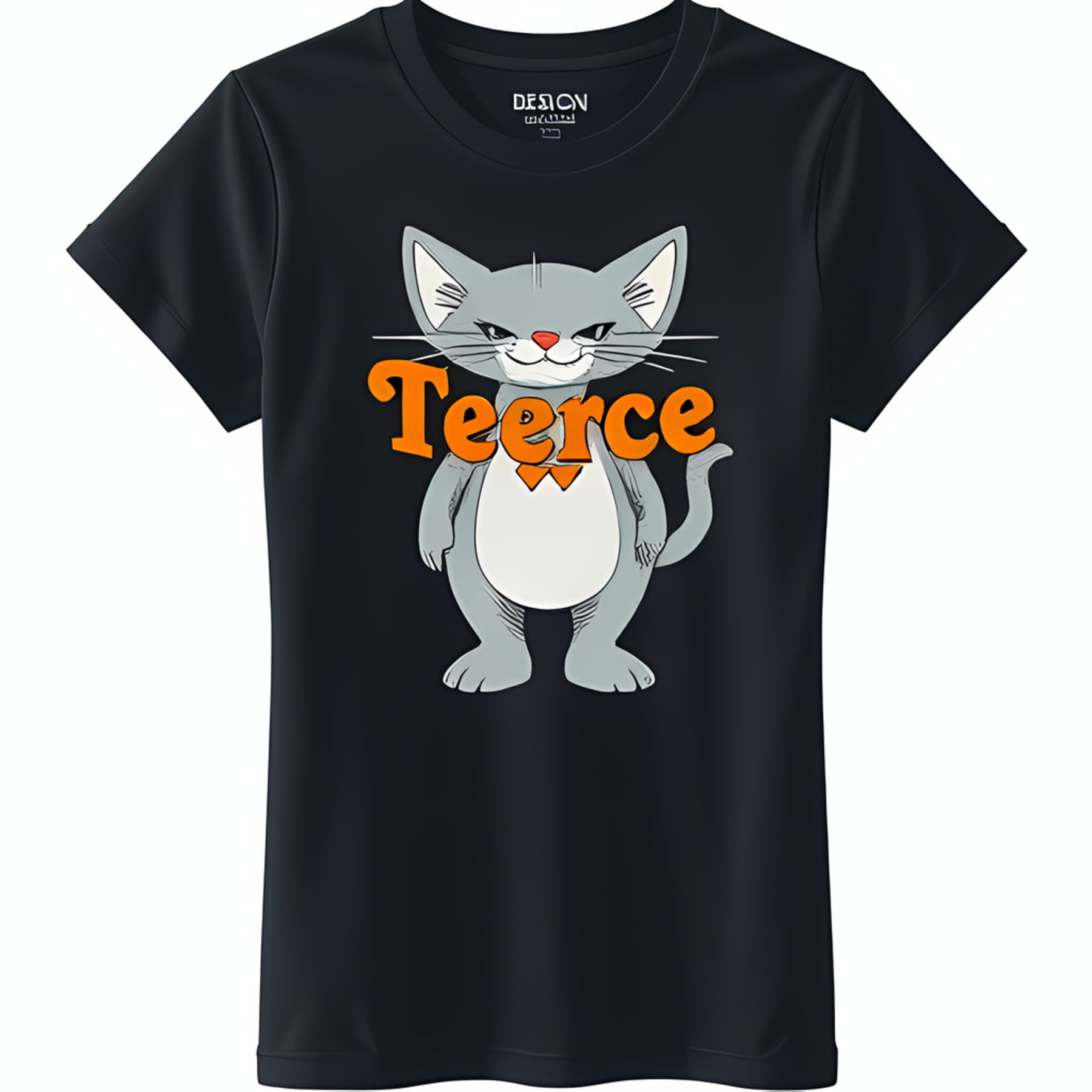 Funny Cartoon Cat T-Shirt Grey Cat with & Eyes 'Teerce' Design on Black ...