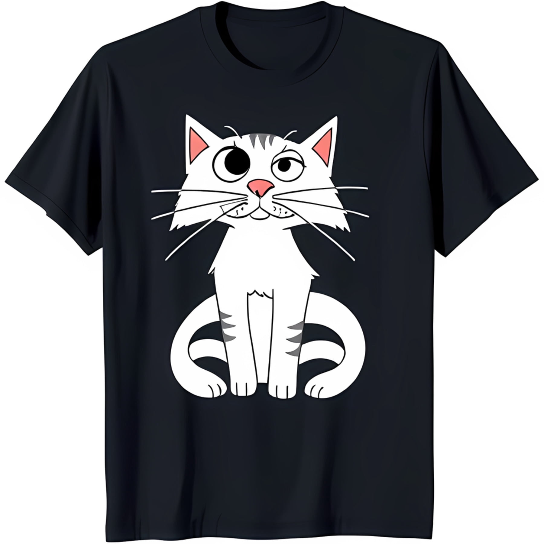 Funny Cartoon Cat T-Shirt White & Gray Striped Cat with Smirk & Pink ...