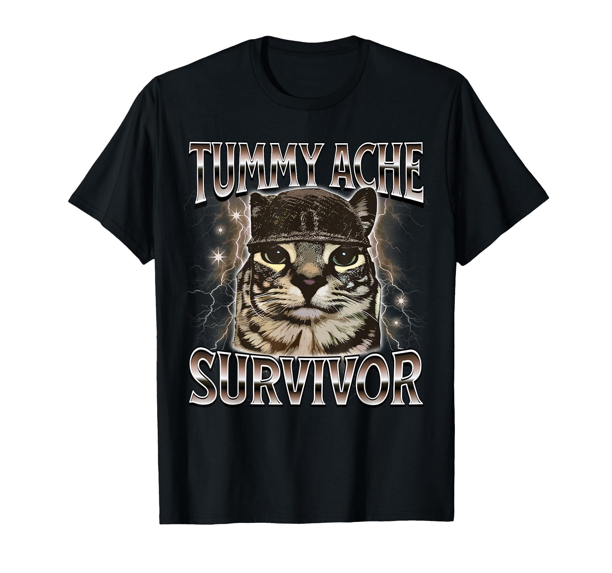 Funny Cartoon Cat T-Shirt for Tummy Ache Survivors with Bold Lightning ...