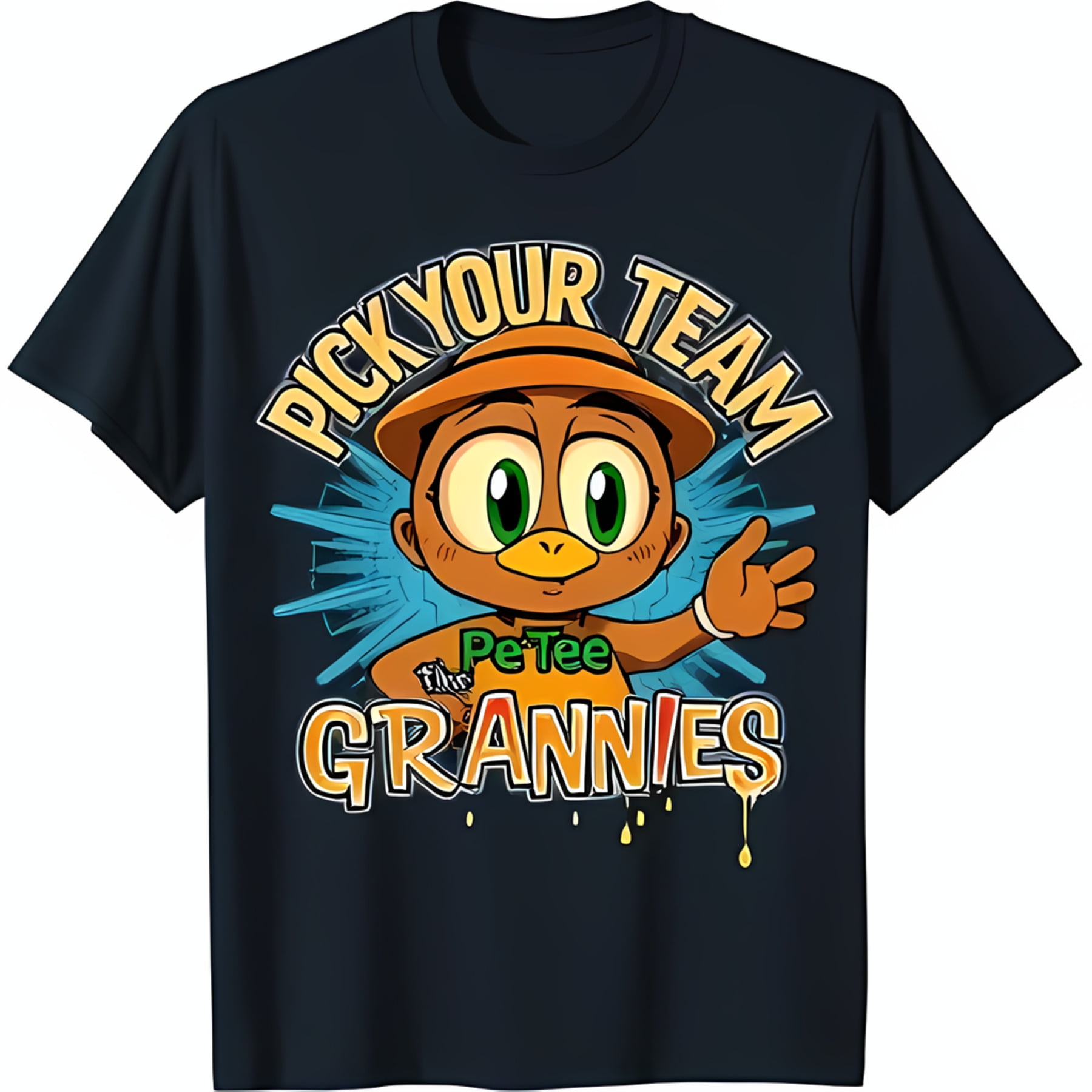 Funny Cartoon Character T-Shirt Blue with Yellow & Hat 'Pick Your Team ...