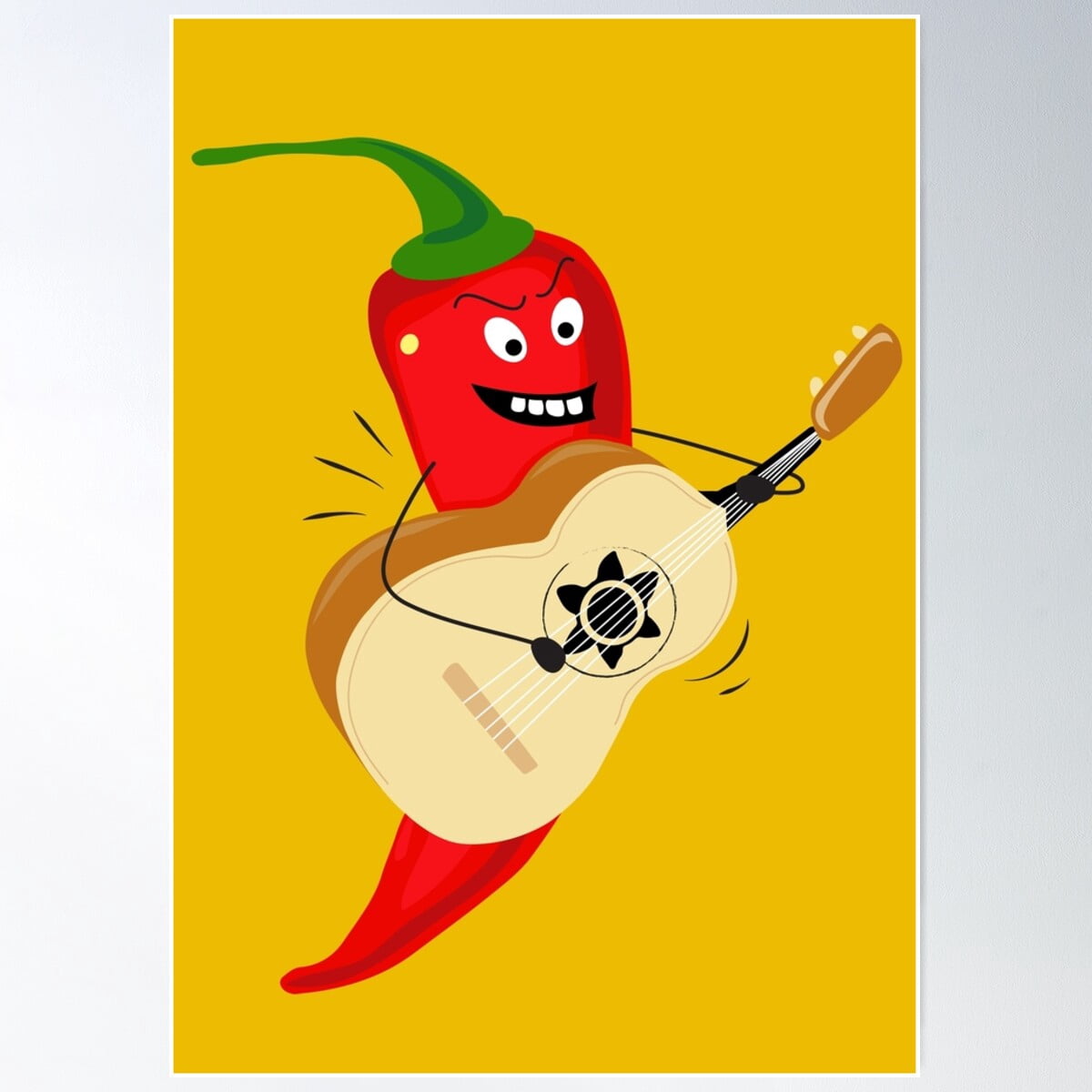 Funny Cartoon Chilli Pepper Playing Guitarron Guitar Poster Wall Art ...