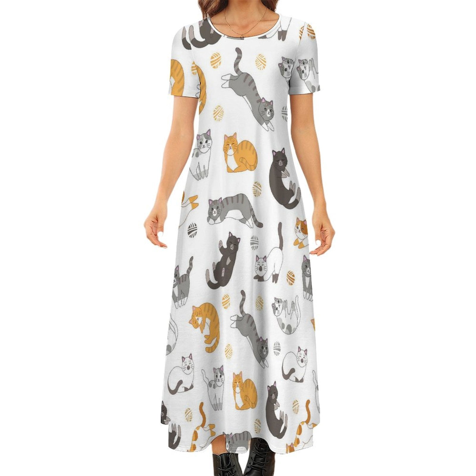 Funny Cartoon Cute Cat Red Orange Gray Maxi Dress for Women Crew Neck ...