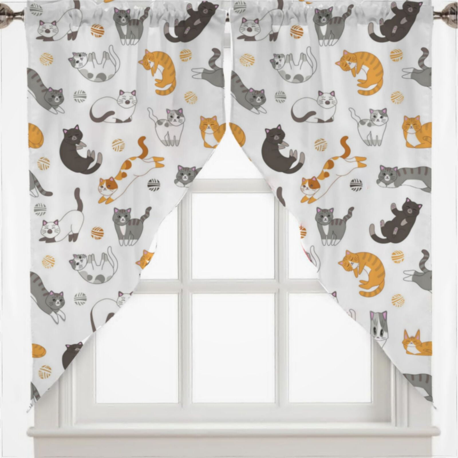 Funny Cartoon Cute Cat Red Orange Gray Swag Valances For Windows 2 Pack ...