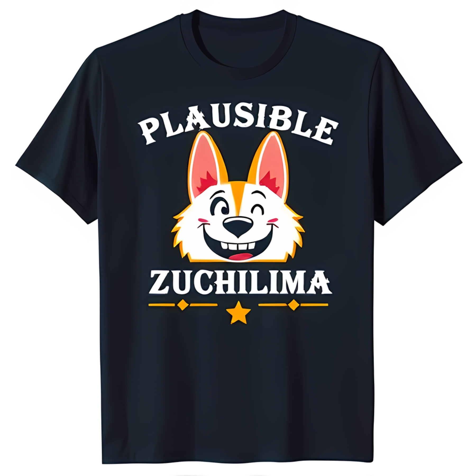 Funny Cartoon Dog T-Shirt Black Tee with 'PLAUSIBLE' & 'ZUCHILIMA ...