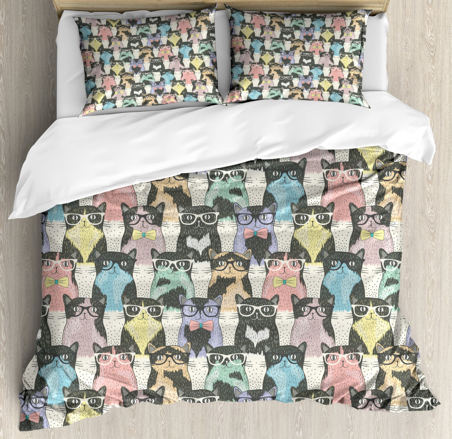 Funny Cartoon Duvet Cover Set King Size, Playful Hipster Cats With ...