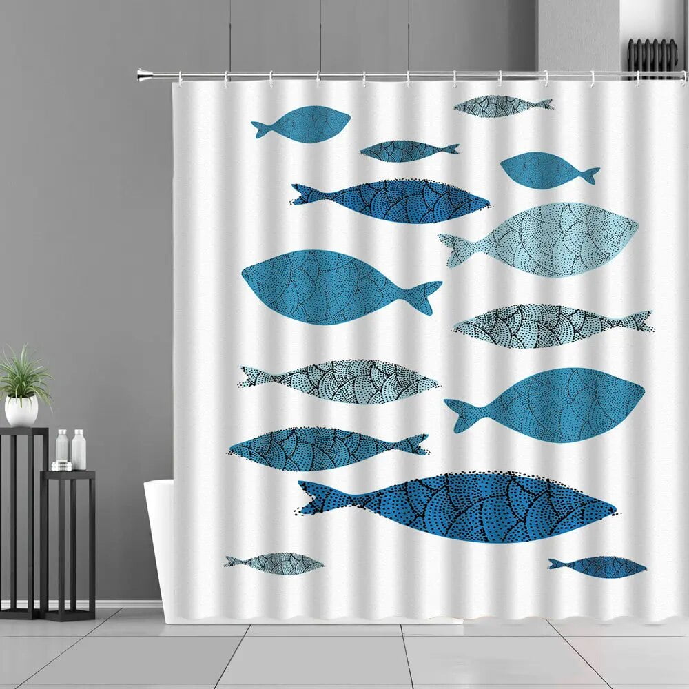 Funny Cartoon Fish Shower Curtain Blue Cute Ocean Animal Fishs Turtle ...