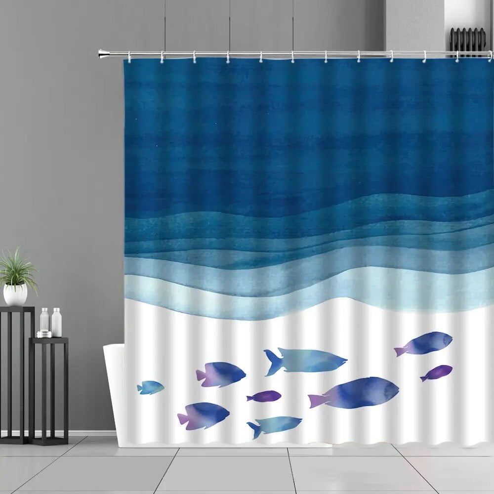 Funny Cartoon Fish Shower Curtain Blue Cute Ocean Animal Fishs Turtle ...