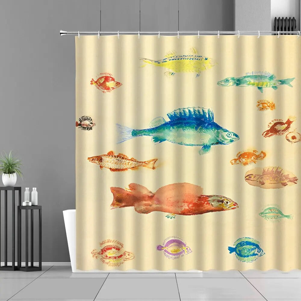 Funny Cartoon Fish Shower Curtain Blue Cute Ocean Animal Fishs Turtle ...
