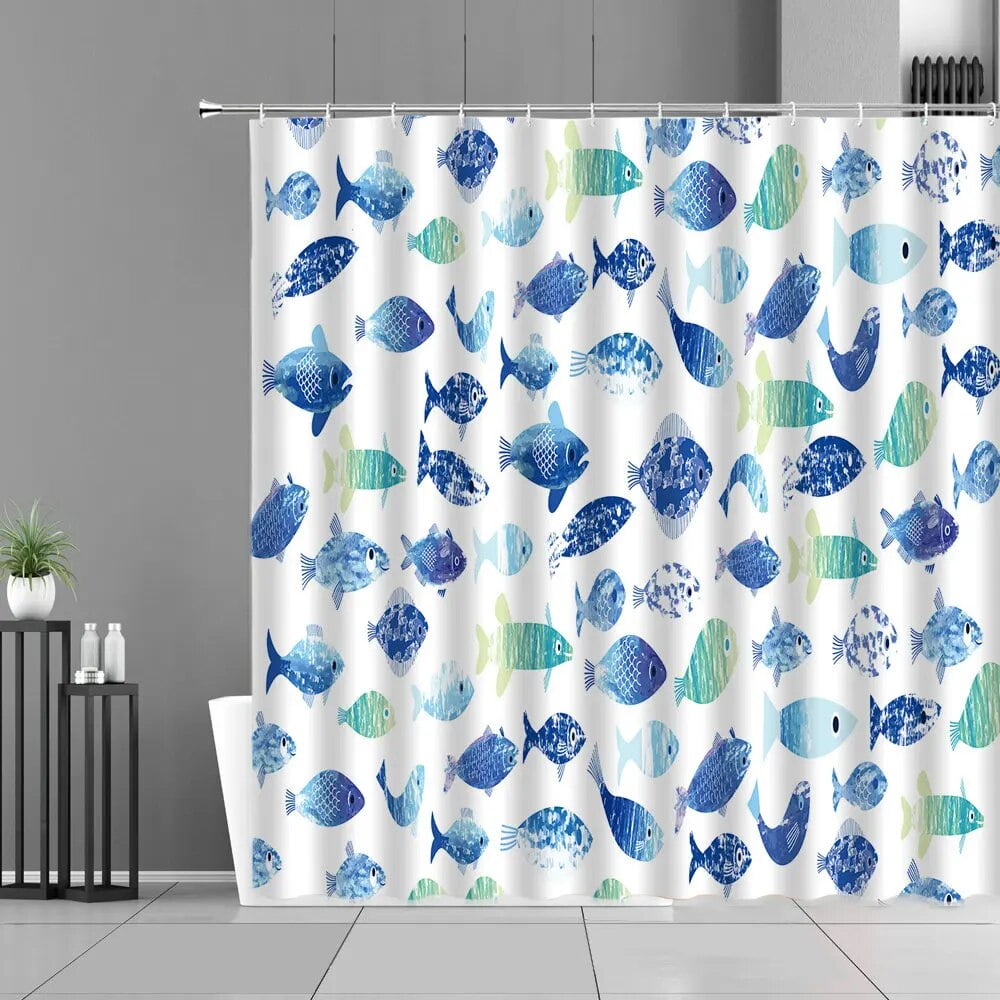 Funny Cartoon Fish Shower Curtain Blue Cute Ocean Animal Fishs Turtle ...