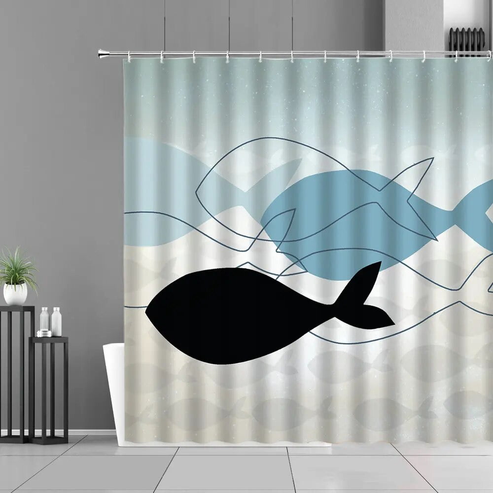 Funny Cartoon Fish Shower Curtain Blue Cute Ocean Animal Fishs Turtle ...
