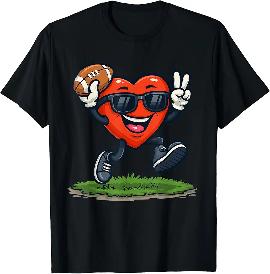Funny Cartoon Heart Running Football Player Men Valentine Graphic T ...
