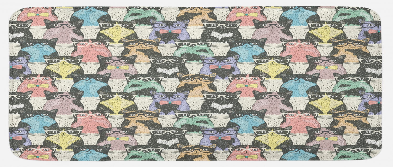 Funny Cartoon Kitchen Mat, Theme of Playful Hipster Cats with Glasses ...