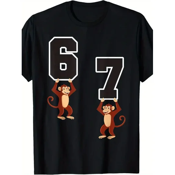 Funny Cartoon Monkeys Holding Number 67 for Men Casual Crew Neck T ...