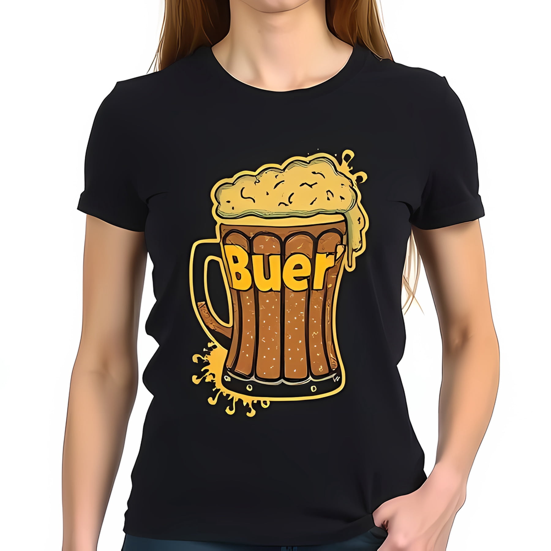 Funny Cartoon Mug T-Shirt for Women "Buer" Design with Foamy Black Tee ...