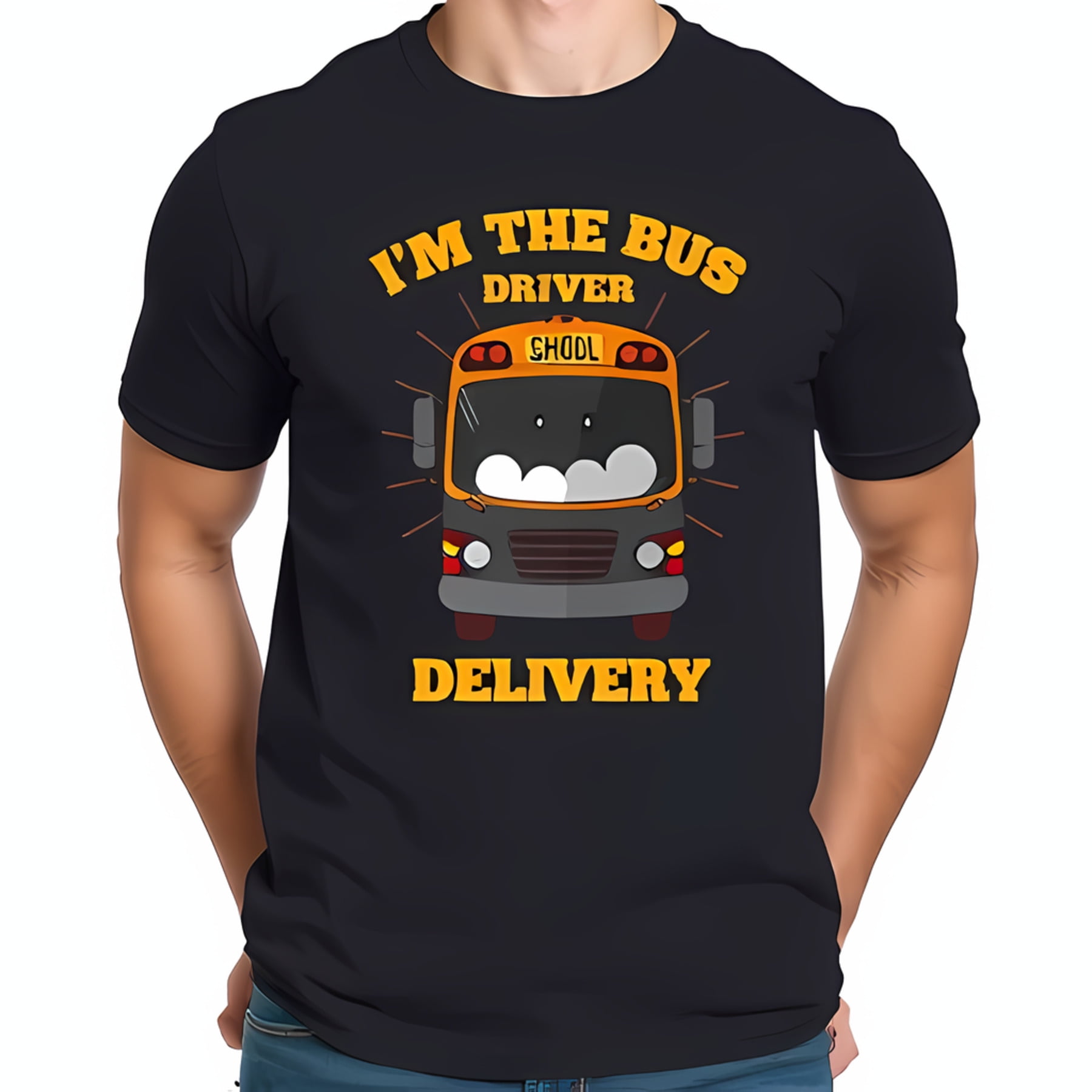 Funny Cartoon School Bus Driver T-Shirt - Navy Blue Cotton Tee with " I ...