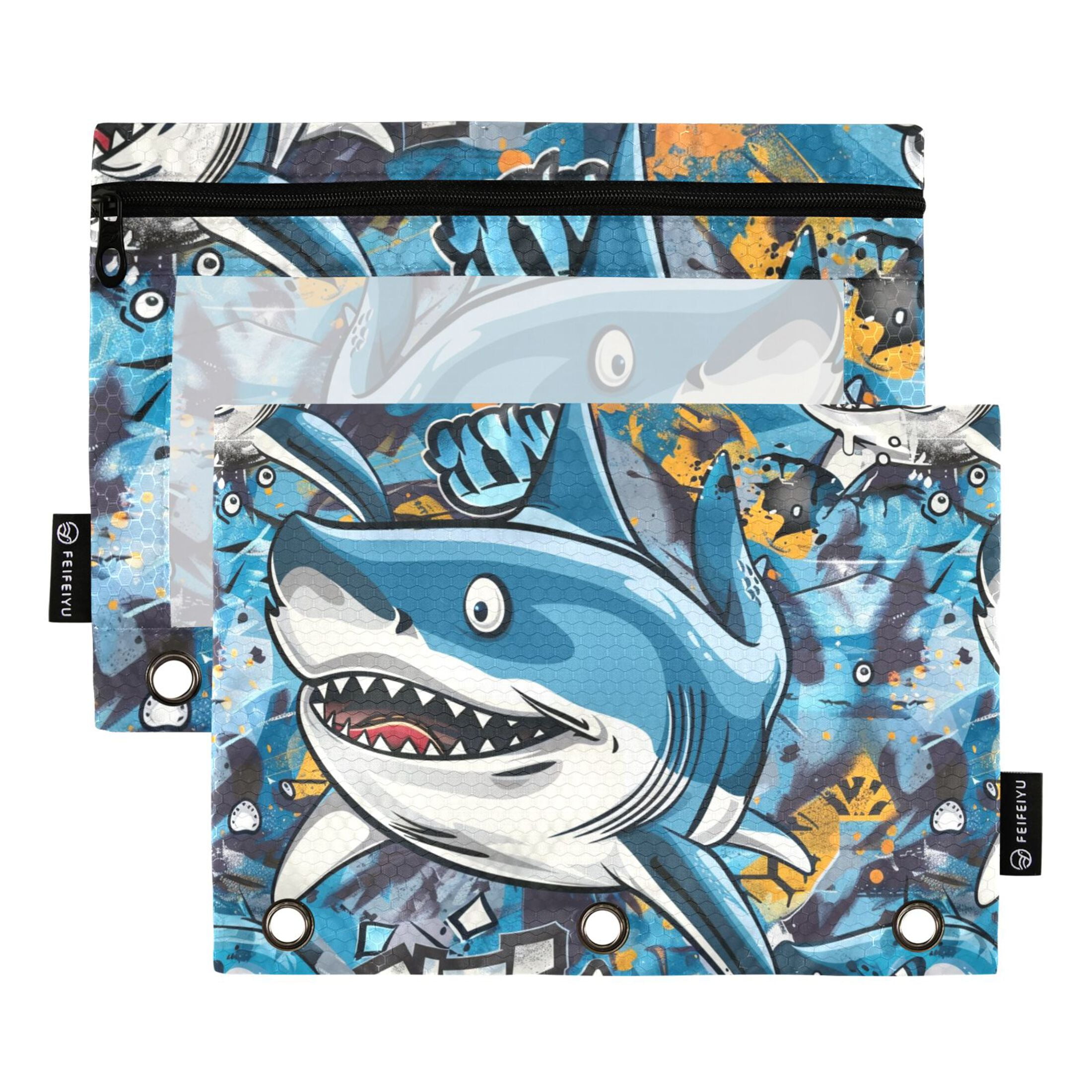 Funny Cartoon Sharks 2 Pack Pencil Pouch for 3 Ring Binder Smooth ...