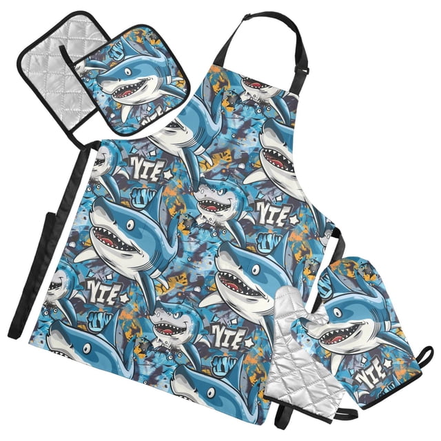 Funny Cartoon Sharks 5 Pcs Kitchen Set Heat Resistant Oven Mitts and ...