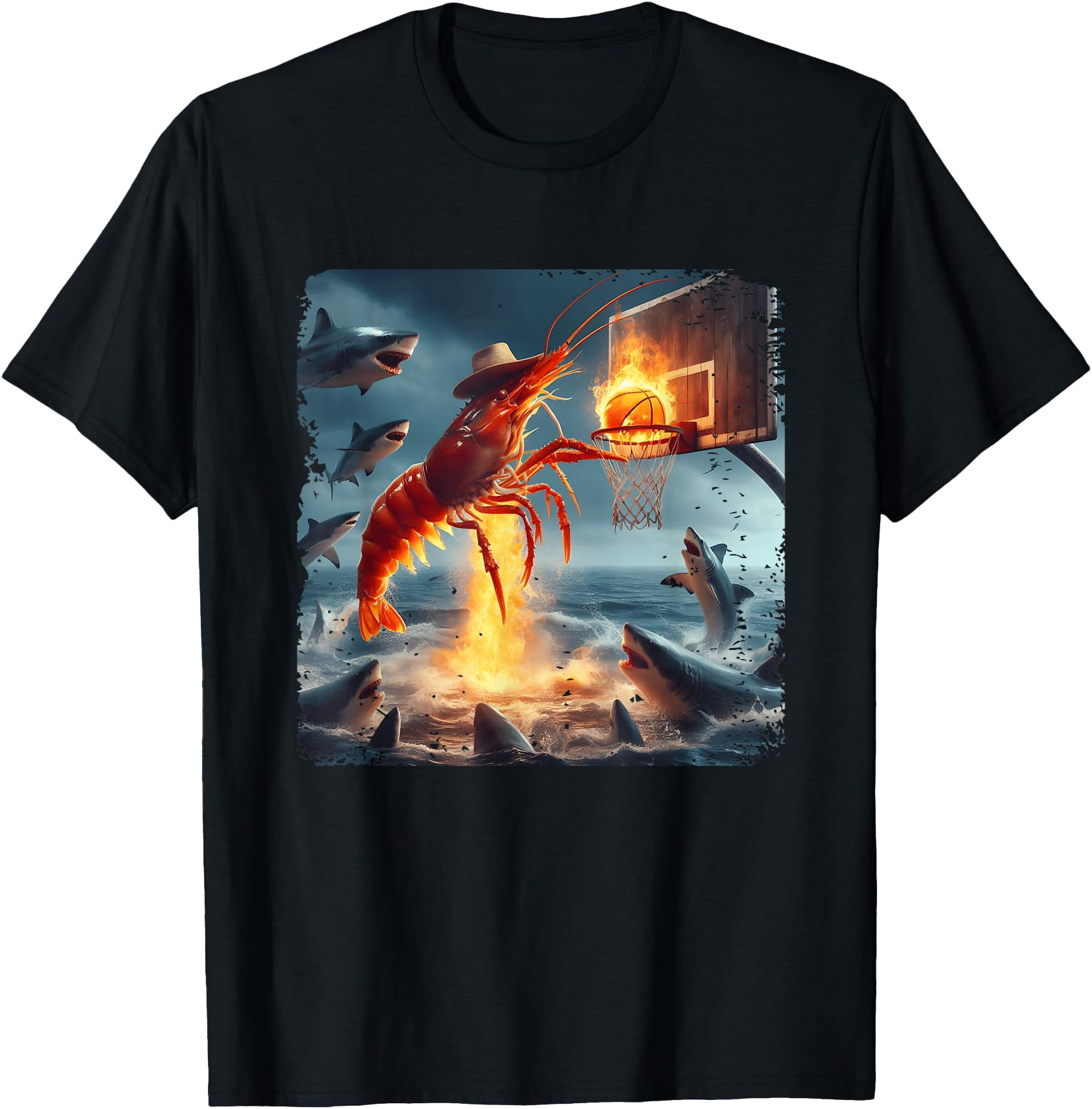 Funny Cartoon Shrimp Dunking on Shark T-Shirt for Fishing and ...